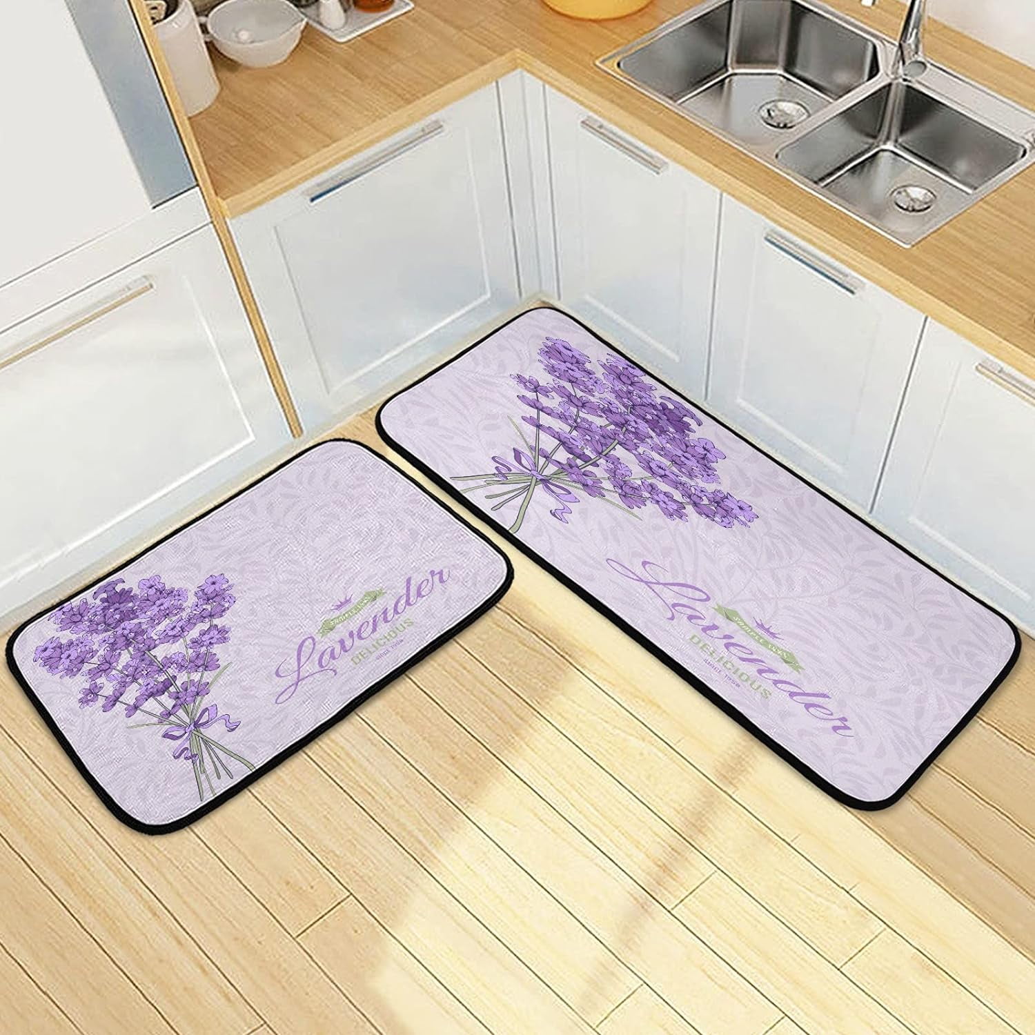 SKYSONIC Vintage Lavender Kitchen Rugs Set of 2, Summer Flower Floor ...