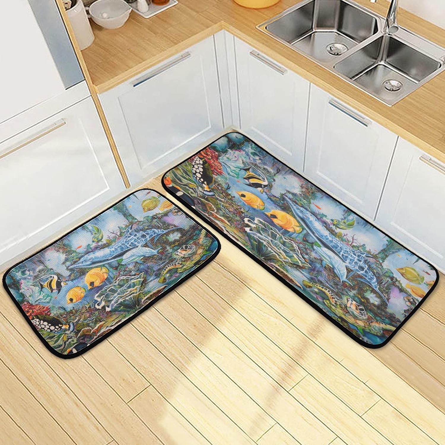 SKYSONIC Vintage Underwater Kitchen Mats and Rugs Summer Ocean Theme ...
