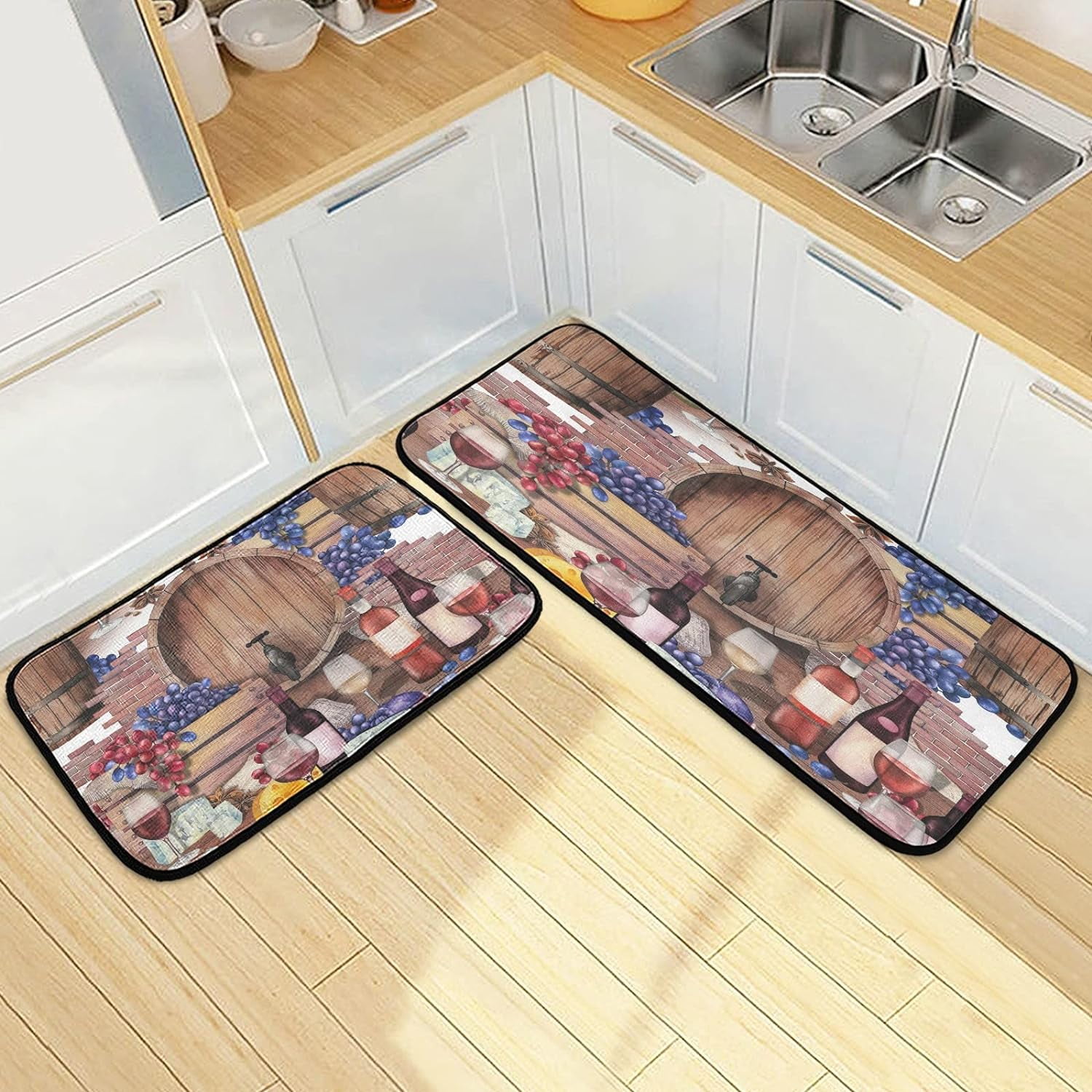 SKYSONIC Vintage Winery Kitchen Rugs Set of 2, Grape Wine Floor Runner ...