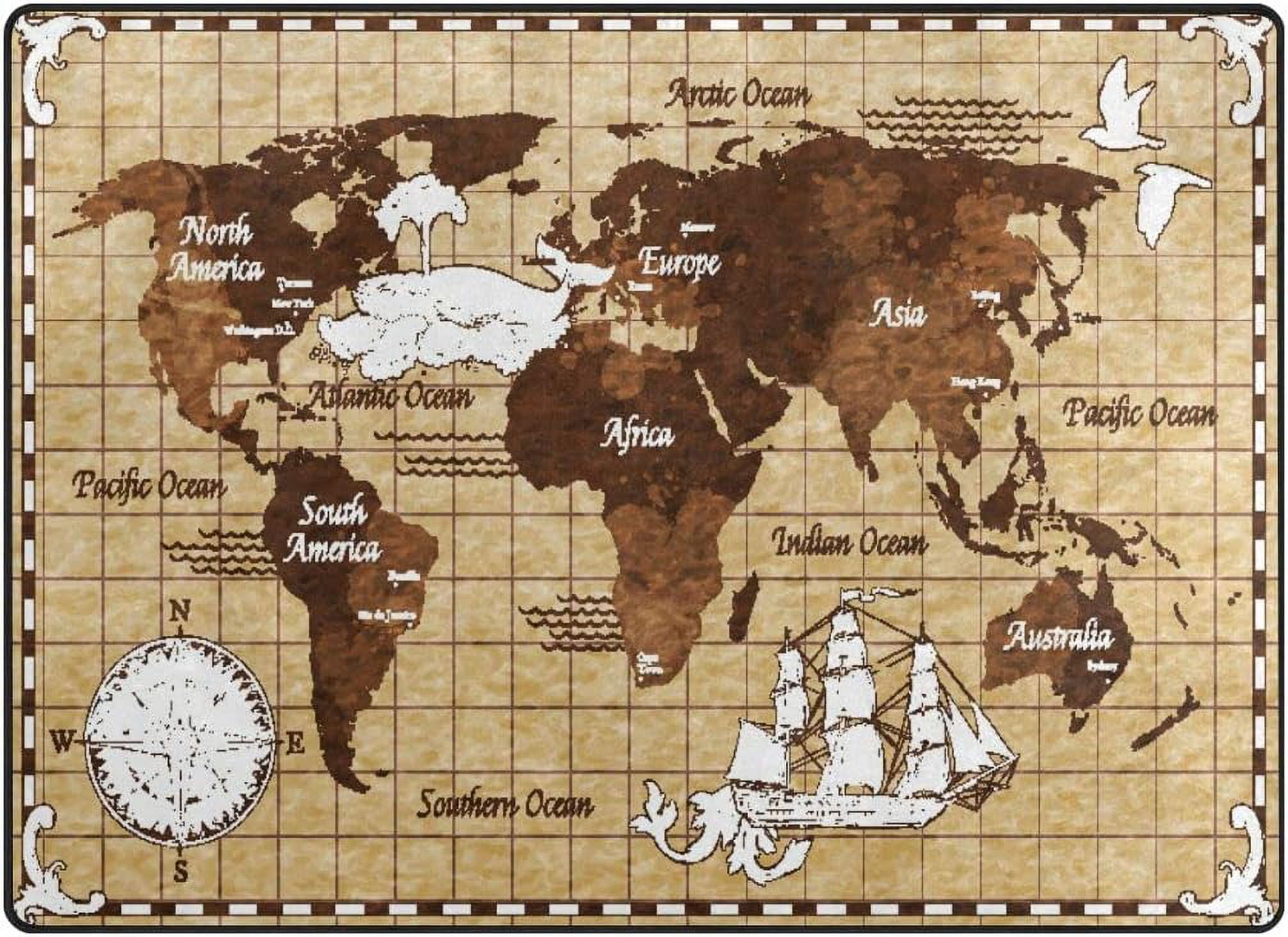 SKYSONIC Vintage World Map Area Rug 80"x58" Pet & Child Friendly Carpet ...
