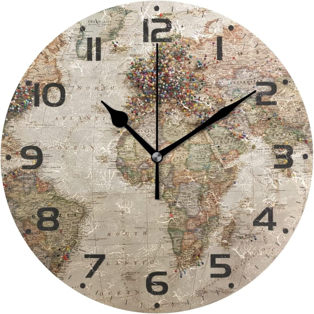 SKYSONIC Vintage World Map Wall Clock 10 Inch Silent Non Ticking Round ...