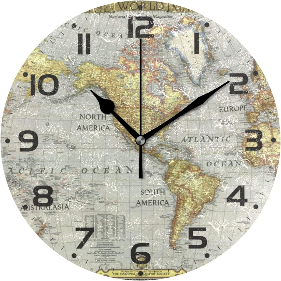 SKYSONIC Vintage World Map Wall Clock 10 Inch Silent Non Ticking Round ...