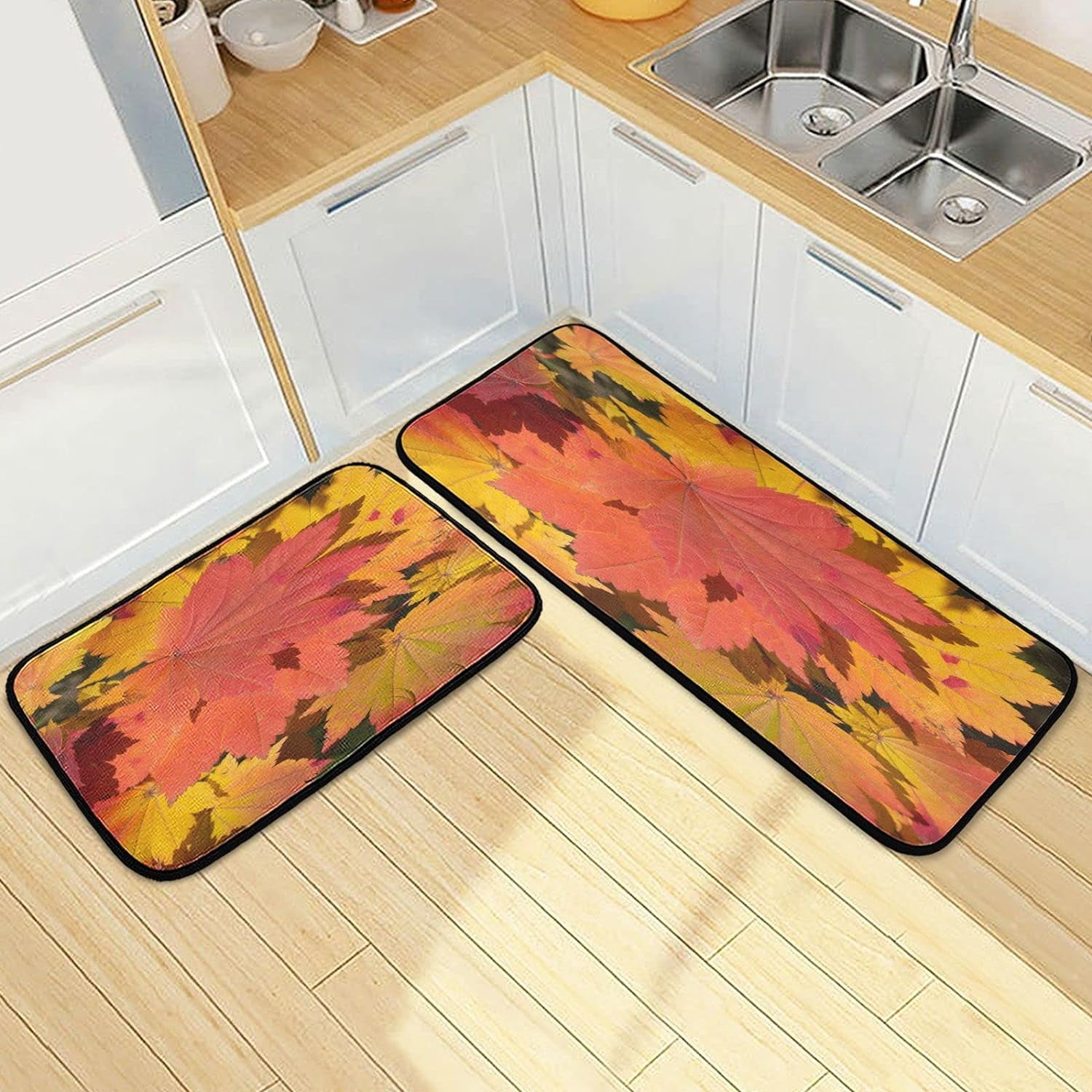 SKYSONIC Vivid Maple Leaves Kitchen Rugs Set of 2, Red Yellow Fall Leaf ...