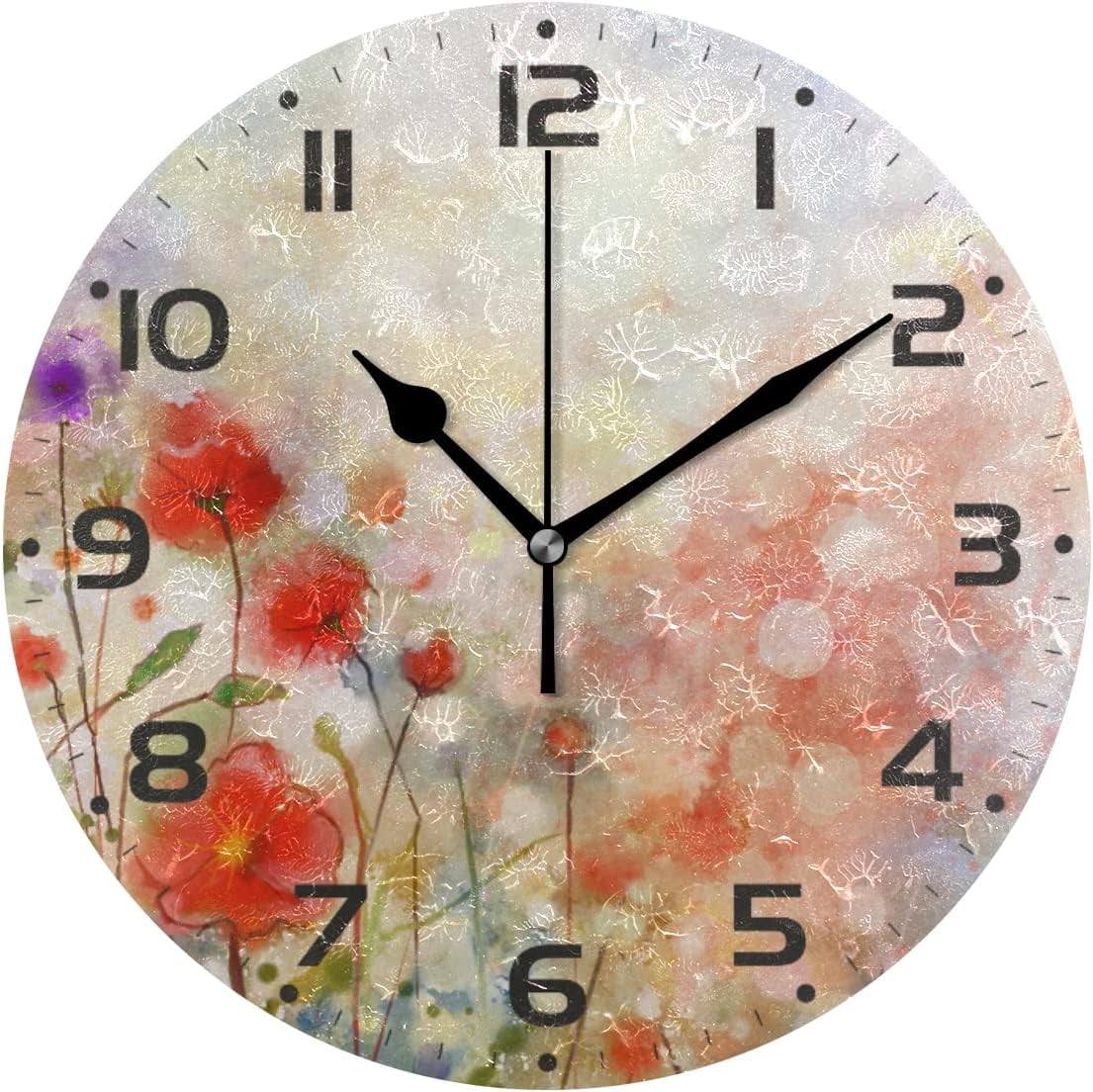 SKYSONIC Water Color Painting Red Poppy Flowers Wall Clock 10 Inch ...