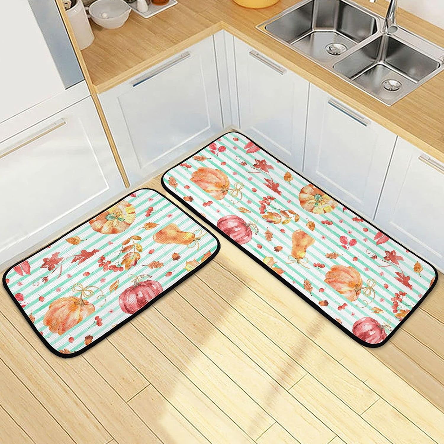 SKYSONIC Watercolor Autumn Pumpkin Kitchen Rugs Set of 2, Red Maple ...