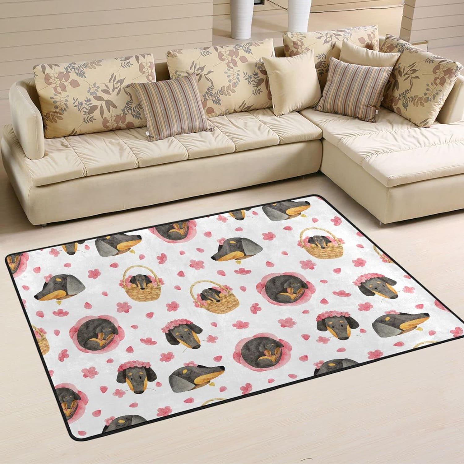 SKYSONIC Watercolor Black Dog Non-Slip Area Rug, Cute Puppy Flower ...