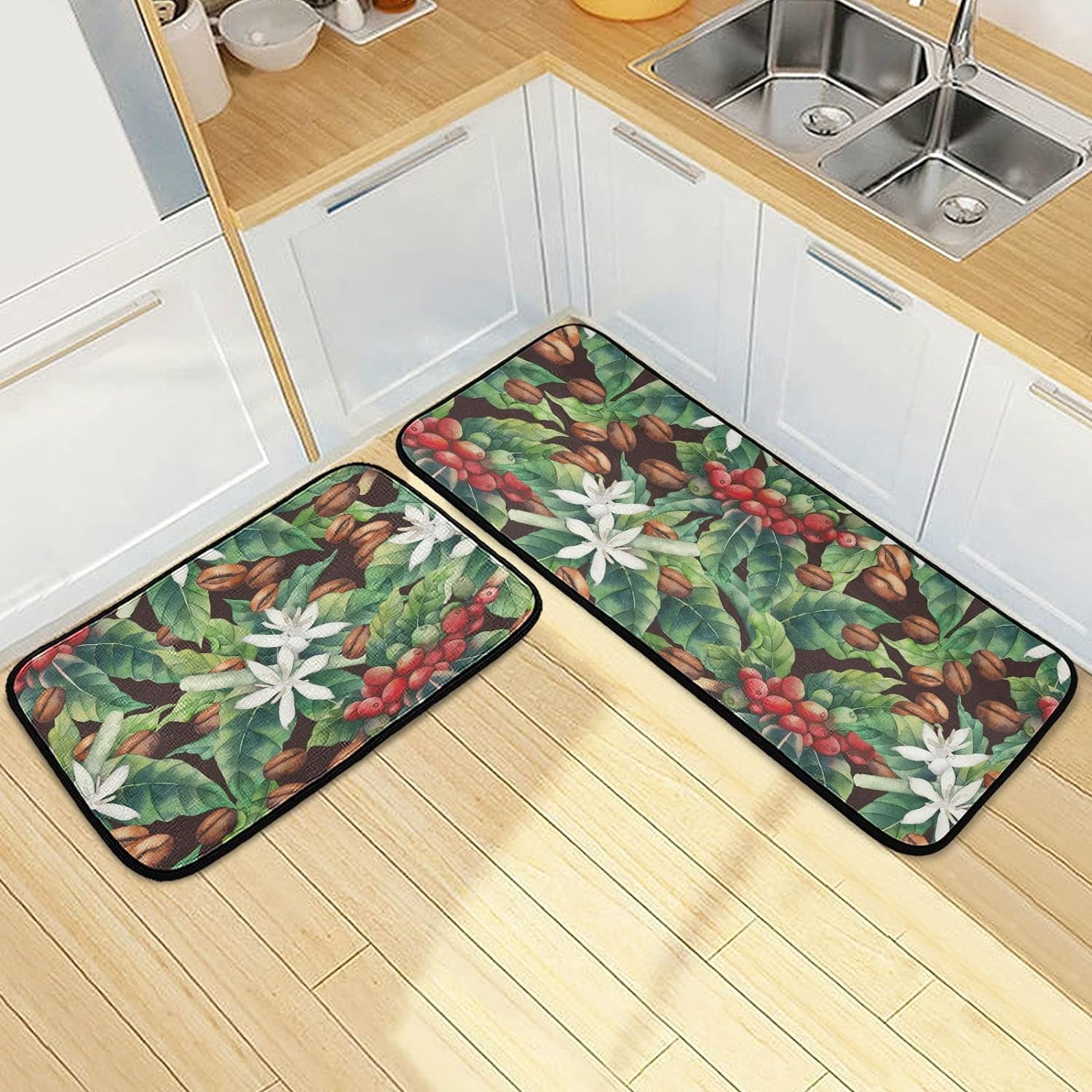 SKYSONIC Watercolor Coffee Pattern Kitchen Rugs Set of 2, Coffee Beans ...