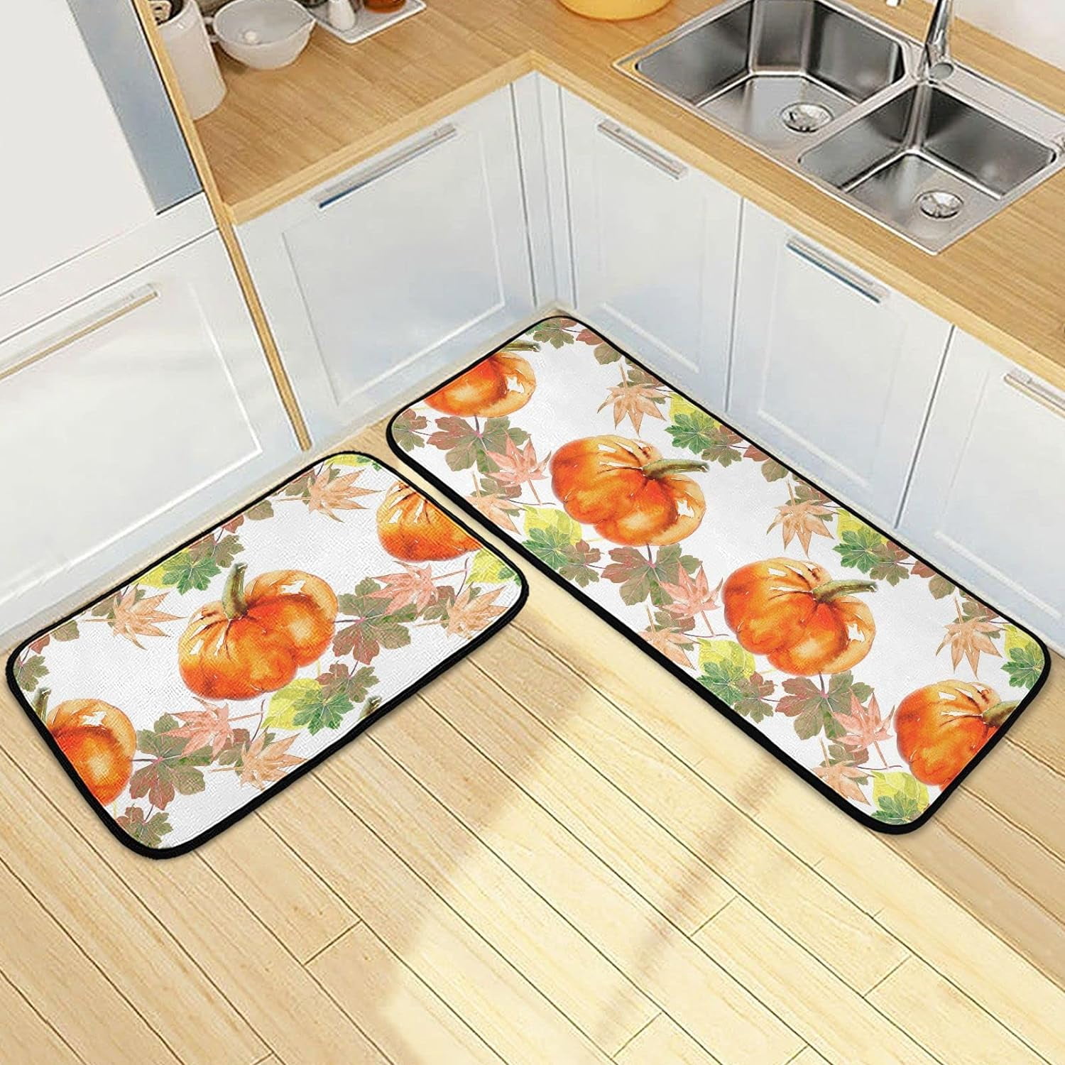 SKYSONIC Watercolor Fall Pumpkins Kitchen Rugs Set of 2, Maple Leaves ...