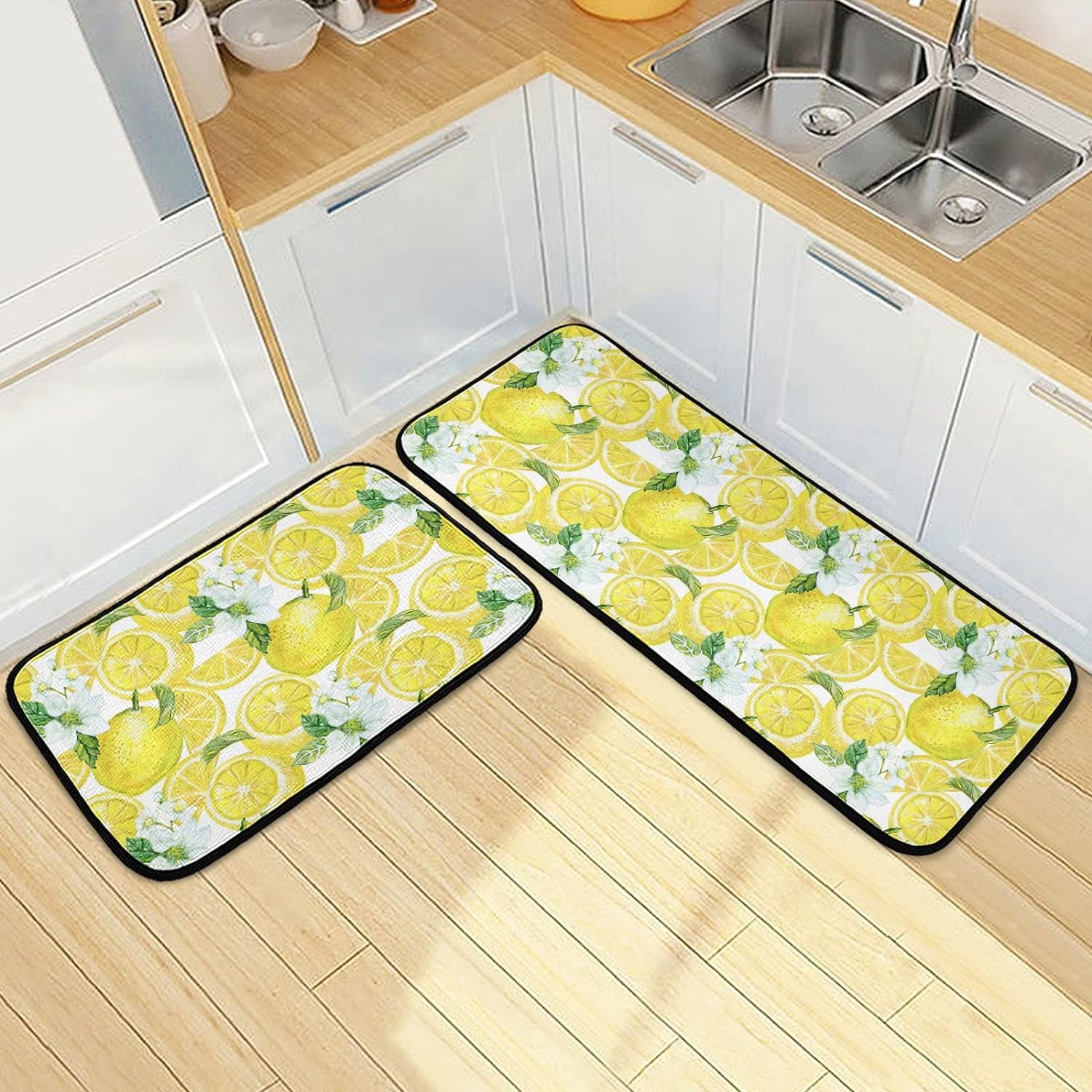 SKYSONIC Watercolor Flower Lemon Kitchen Mats and Rugs, Summer Bunch ...