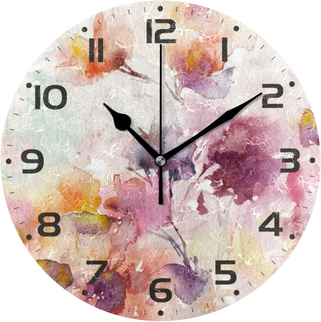 SKYSONIC Watercolor Flowers Wall Clock 10 Inch Silent Non Ticking Round ...