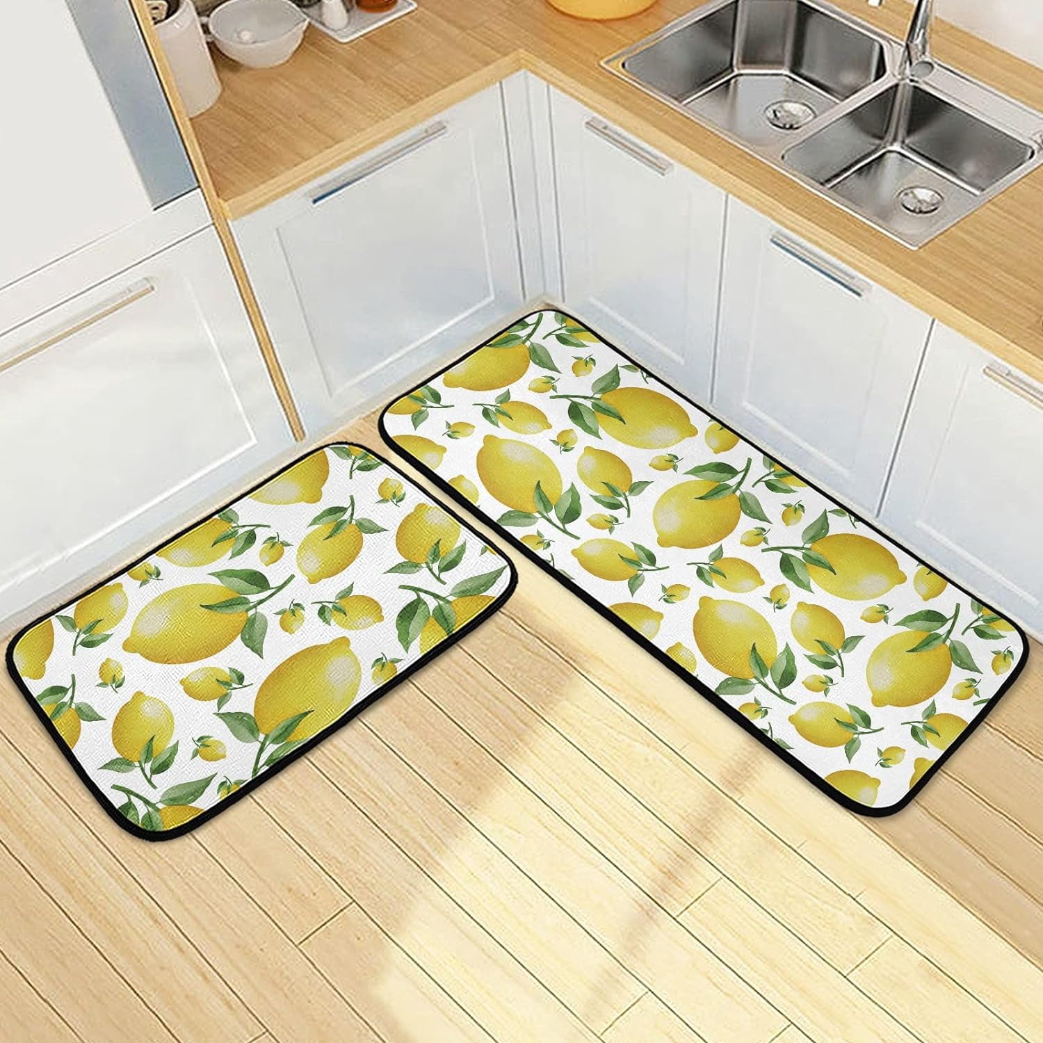 SKYSONIC Watercolor Lemon Kitchen Mats and Rugs, Summer Leaves Kitchen ...