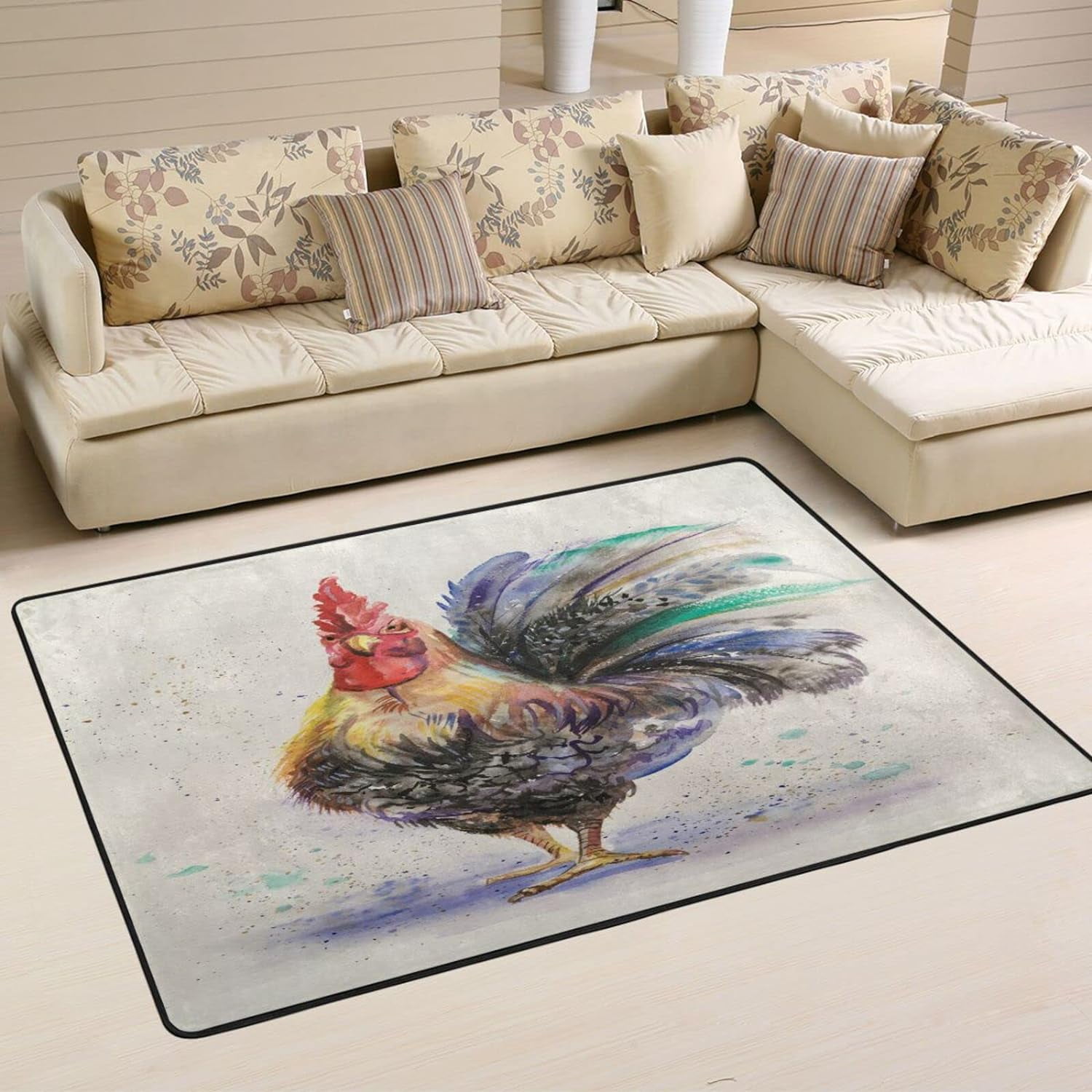 SKYSONIC Watercolor Rooster Area Rug,72x48in Non-Slip Floor Carpet ...