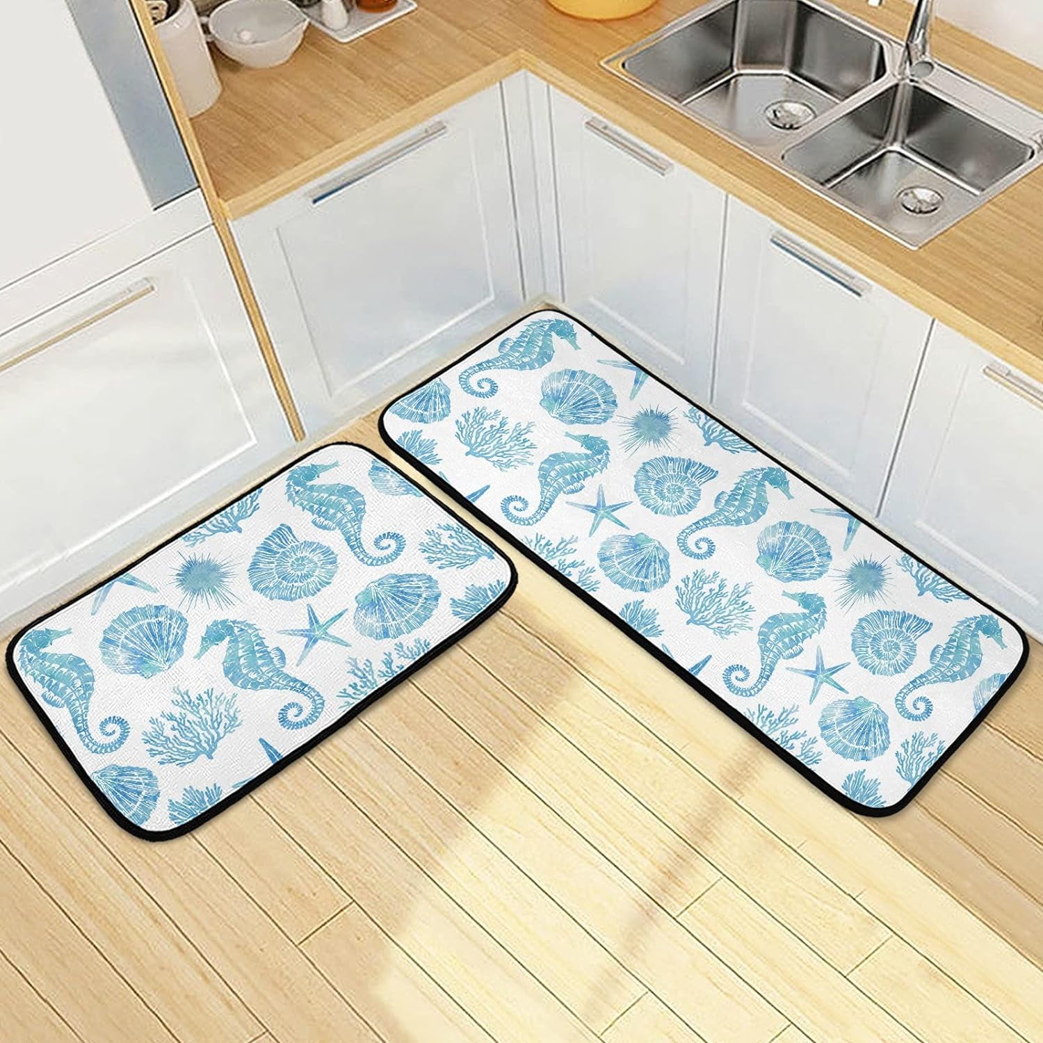 SKYSONIC Watercolor Sea Horse Kitchen Mats and Rugs Undersea Shell ...