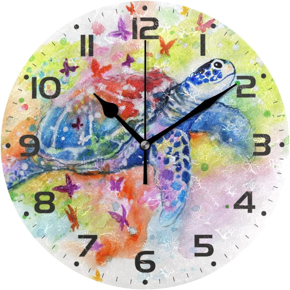 SKYSONIC Watercolor Sea Turtle Wall Clock 10 Inch Silent Non Ticking ...