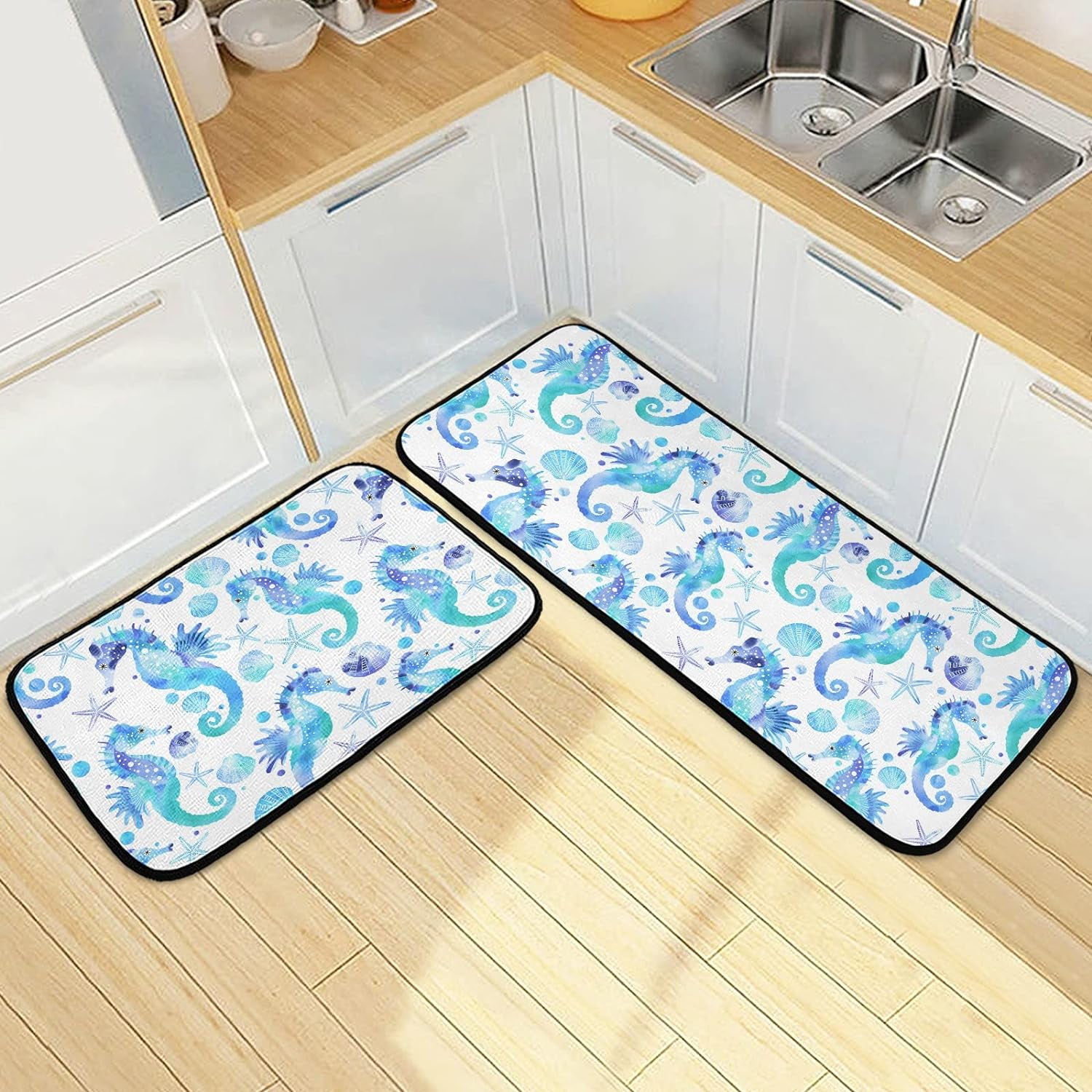 SKYSONIC Watercolor Seahorses Starfishes Kitchen Mats and Rugs ...