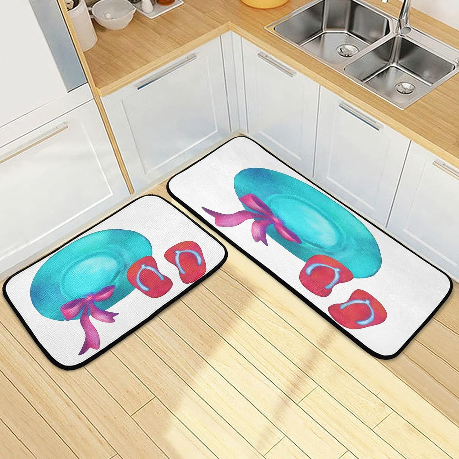 SKYSONIC Watercolor Summer Beach Kitchen Rugs Set of 2, Blue Hat Flip ...