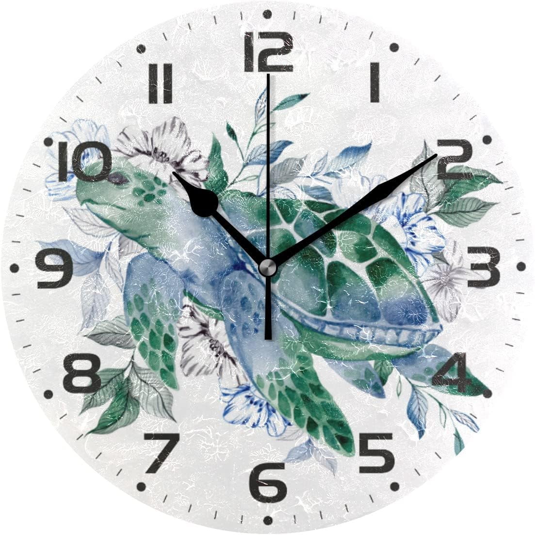 SKYSONIC Watercolor Turtle Flower Wall Clock 10 Inch Silent Non Ticking ...