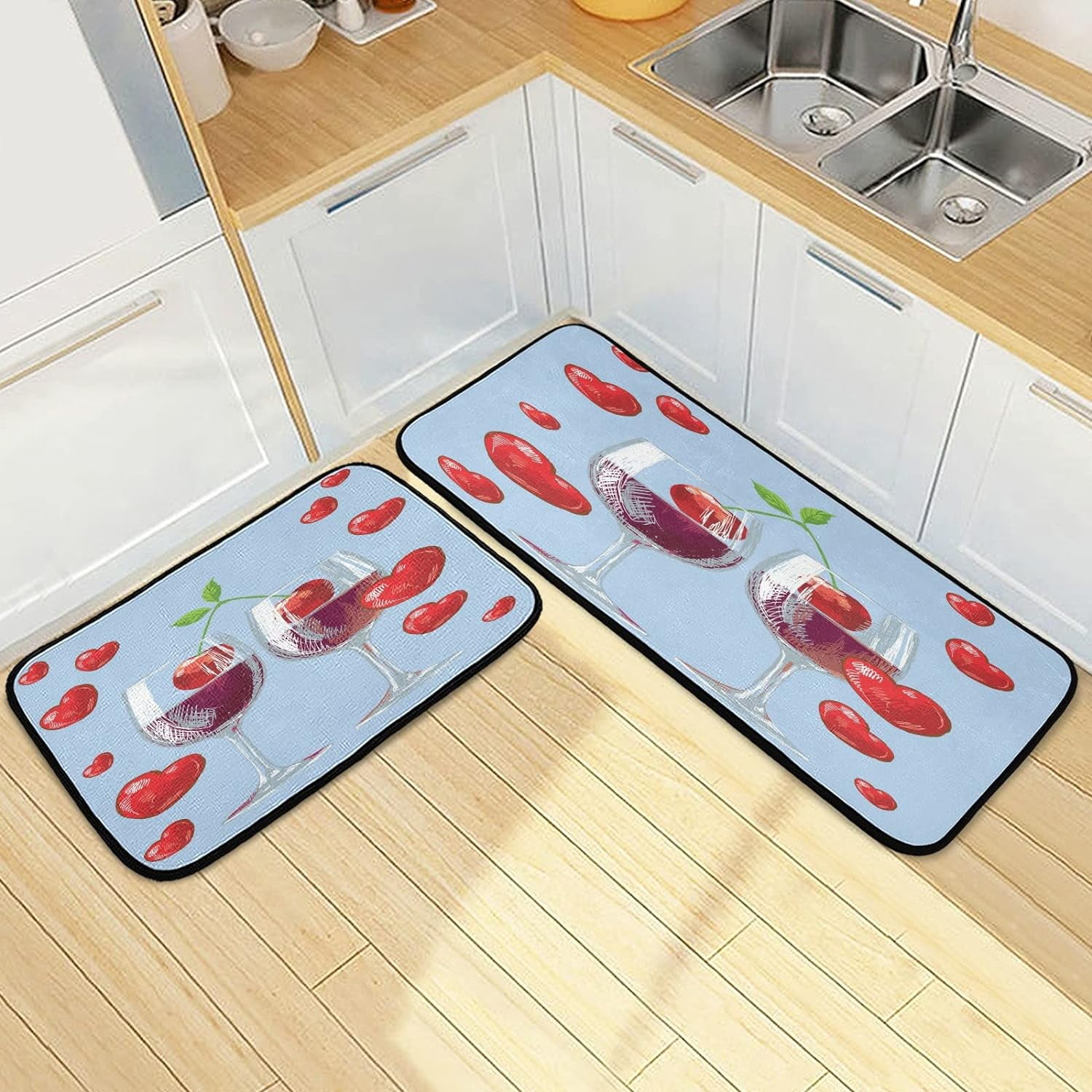 SKYSONIC Watercolor Wine Glasses Kitchen Rugs Set of 2, Cherry Hearts ...