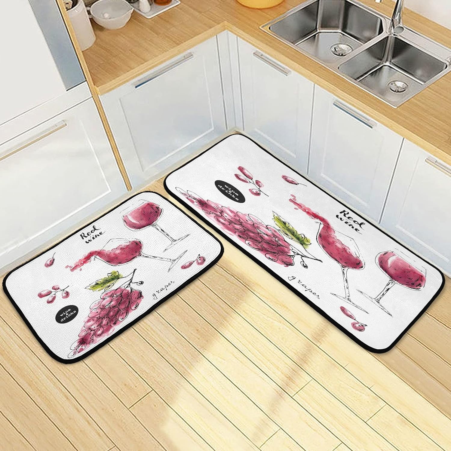 SKYSONIC Watercolor Wine Glasses Kitchen Rugs Set of 2, Grape Berries ...