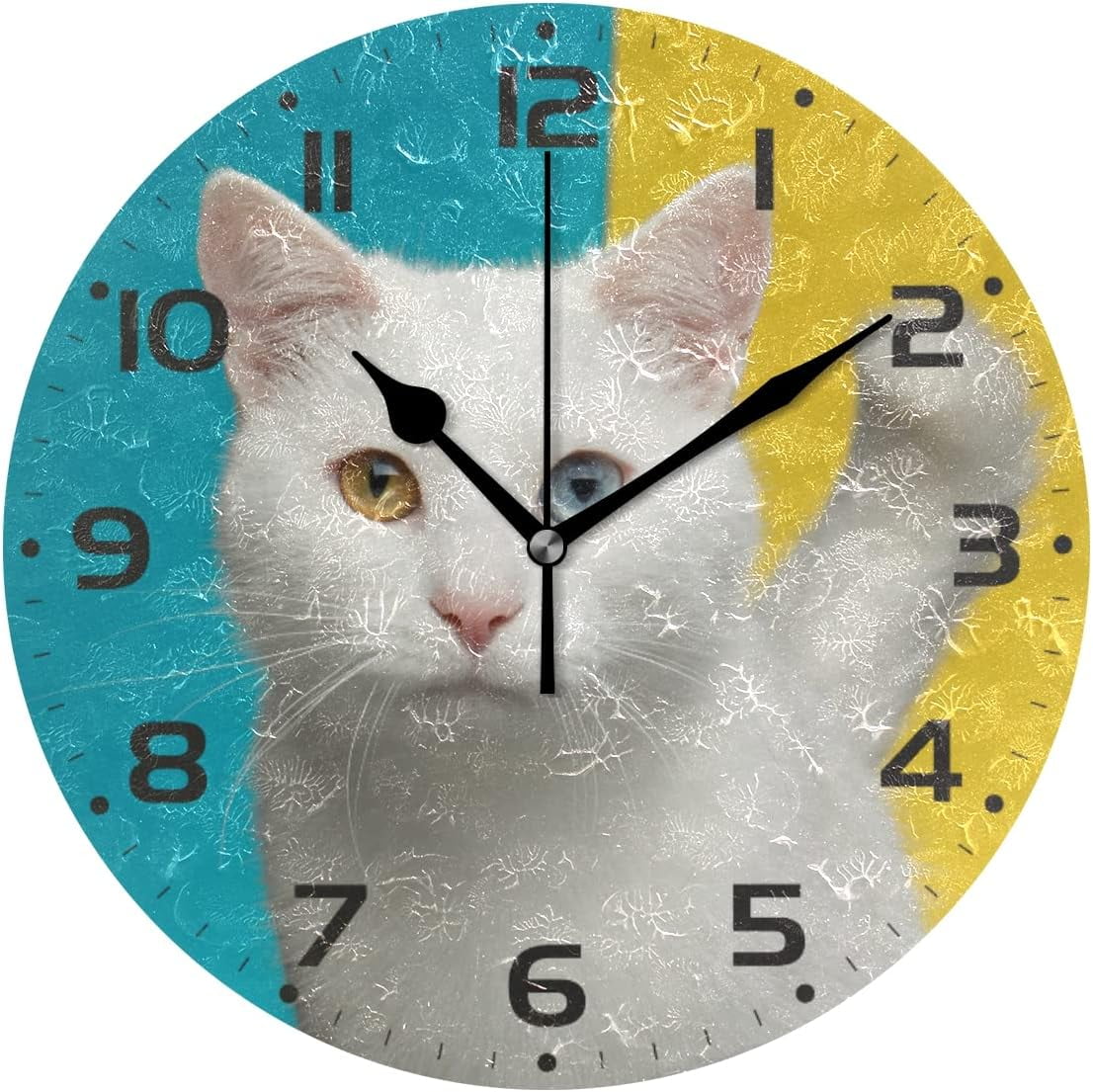 SKYSONIC White Cat Wall Clock 10 Inch Silent Non Ticking Round Clock ...