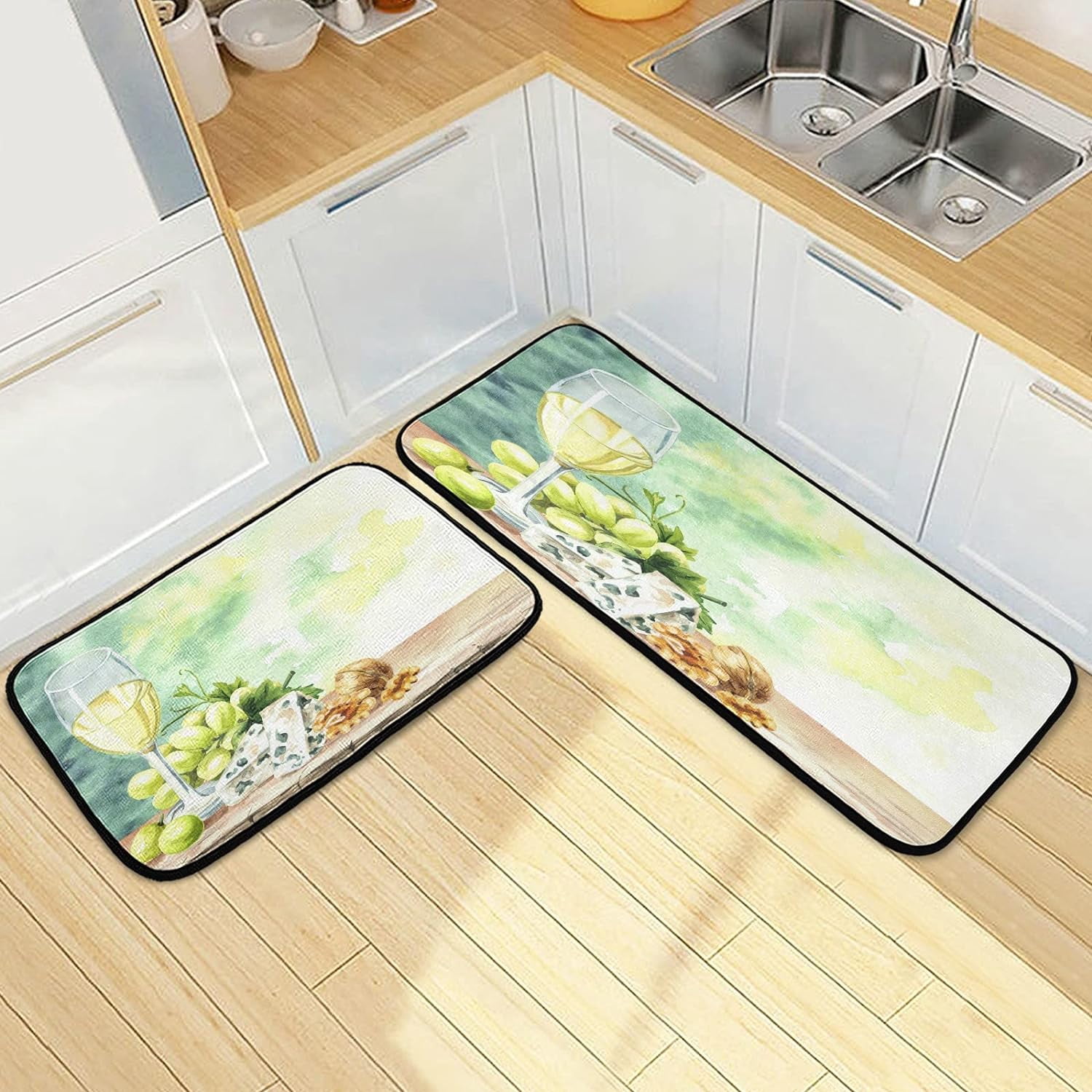 SKYSONIC White Wine Glass Vineyard Kitchen Rugs Set of 2, Green Grapes ...