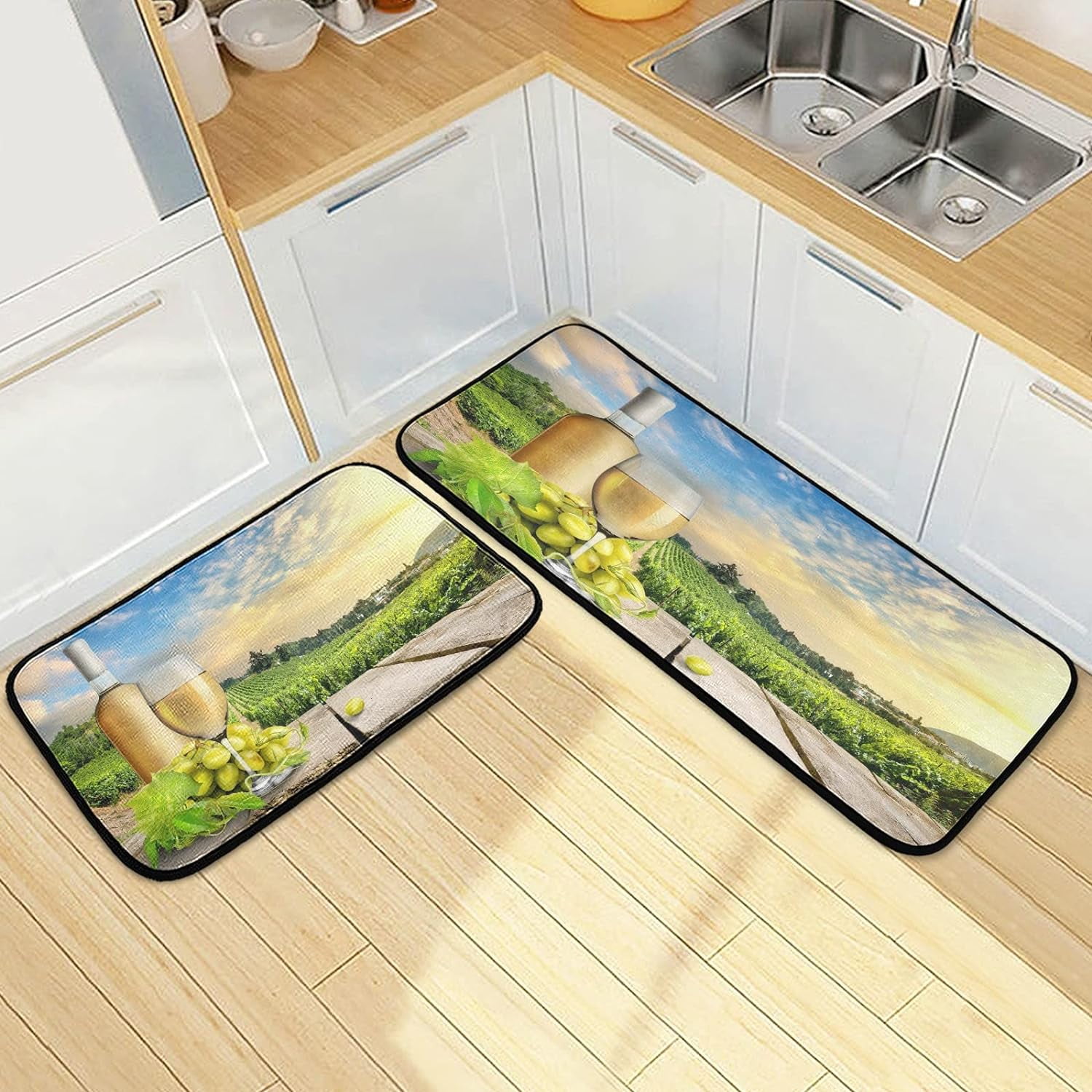 SKYSONIC White Wine Grapes Kitchen Rugs Set of 2, Vineyard Sunset Floor ...
