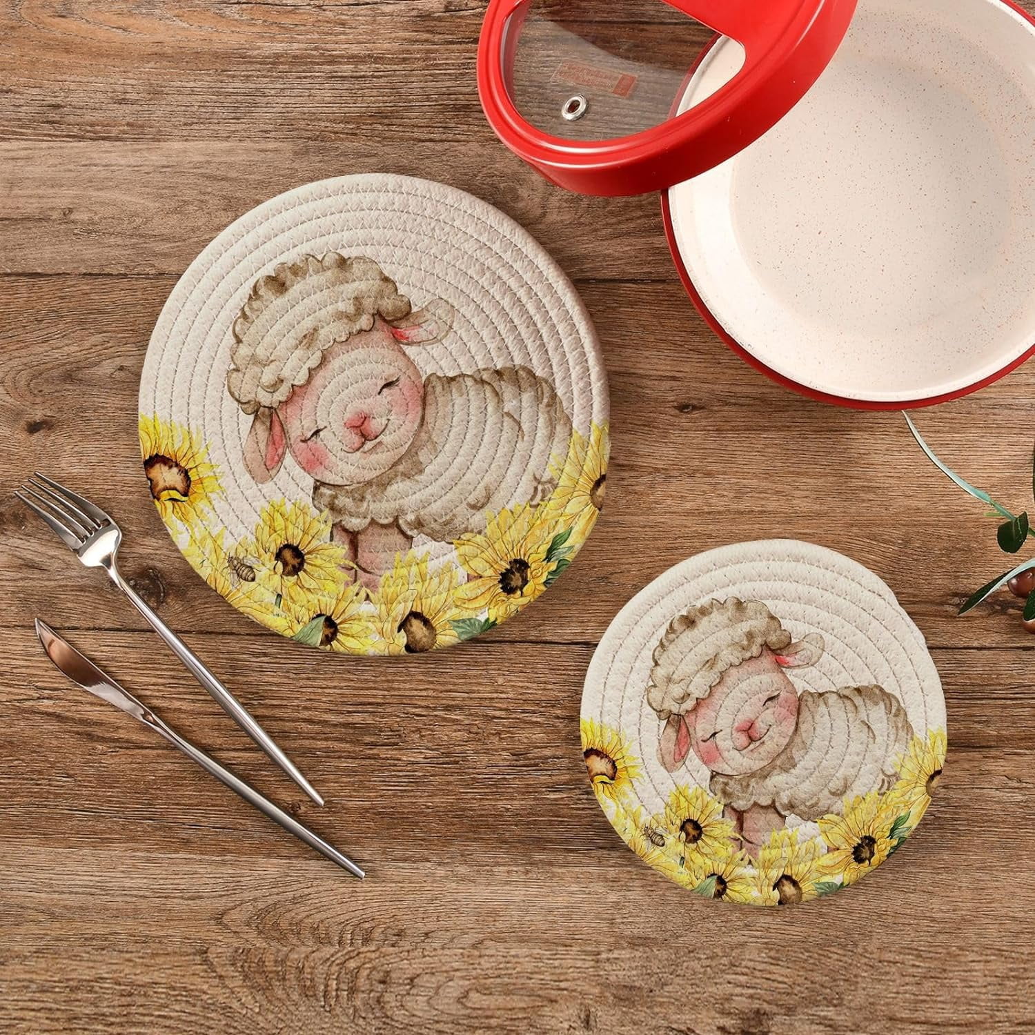 SKYSONIC Wild Sunflower Fluffy Sheep Trivet Pot Holders Pads, Set of 2 ...