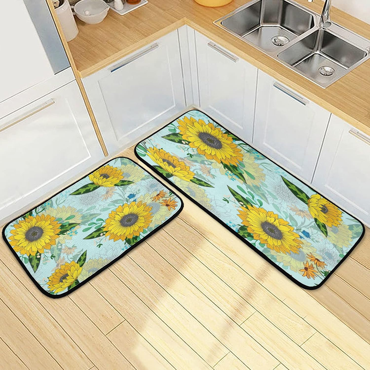 SKYSONIC Wild Sunflowers Kitchen Rugs Set of 2, Summer Flowers Floor ...