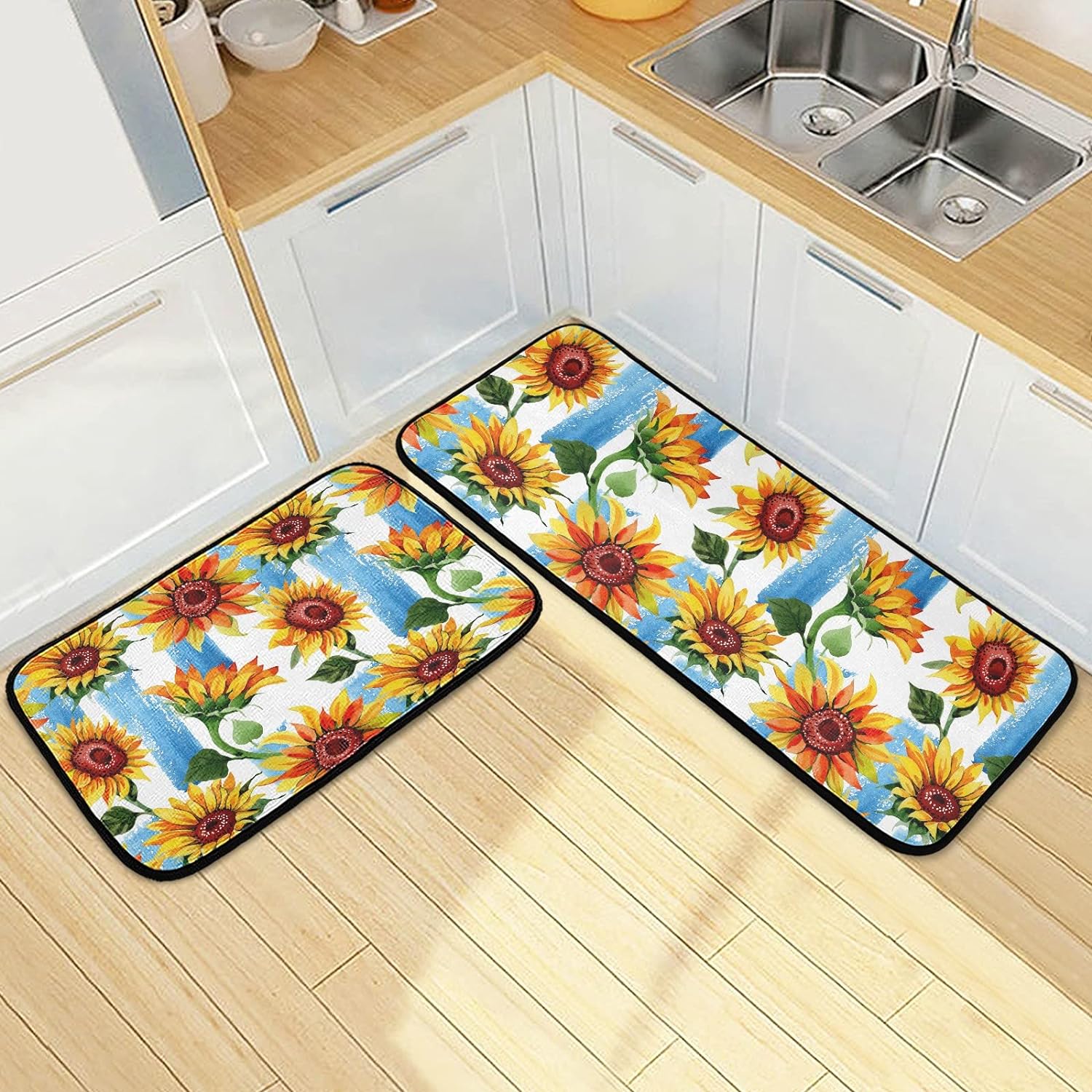 SKYSONIC Wildflower Sunflower Kitchen Mats and Rugs Watercolor Flower ...