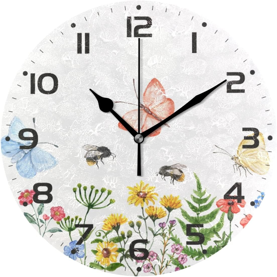 SKYSONIC Wildflowers Butterfly Wall Clock 10 Inch Silent Non Ticking ...