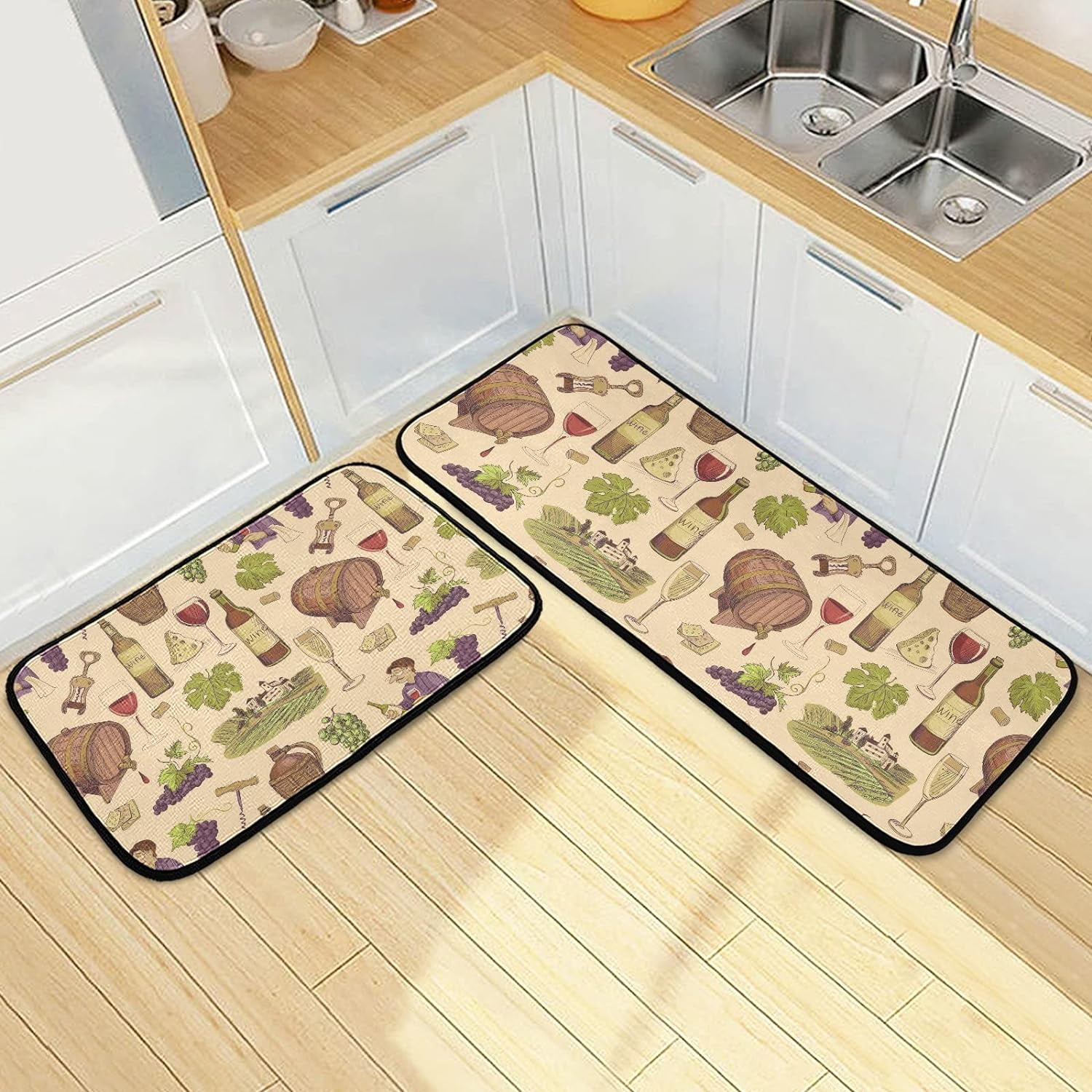 SKYSONIC Wine Bottle Glass Kitchen Rugs Set of 2, Vintage Grapes Floor ...