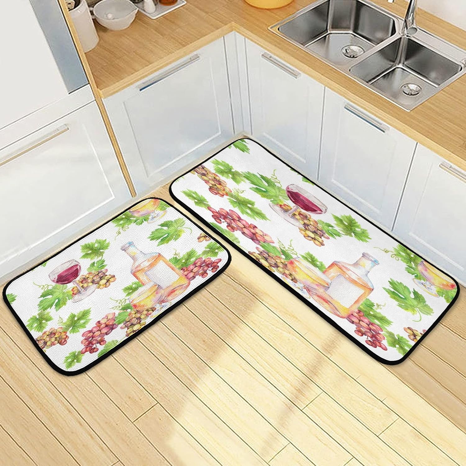 SKYSONIC Wine Bottle Grape Summer Kitchen Rugs Set of 2, Glass Leaves ...