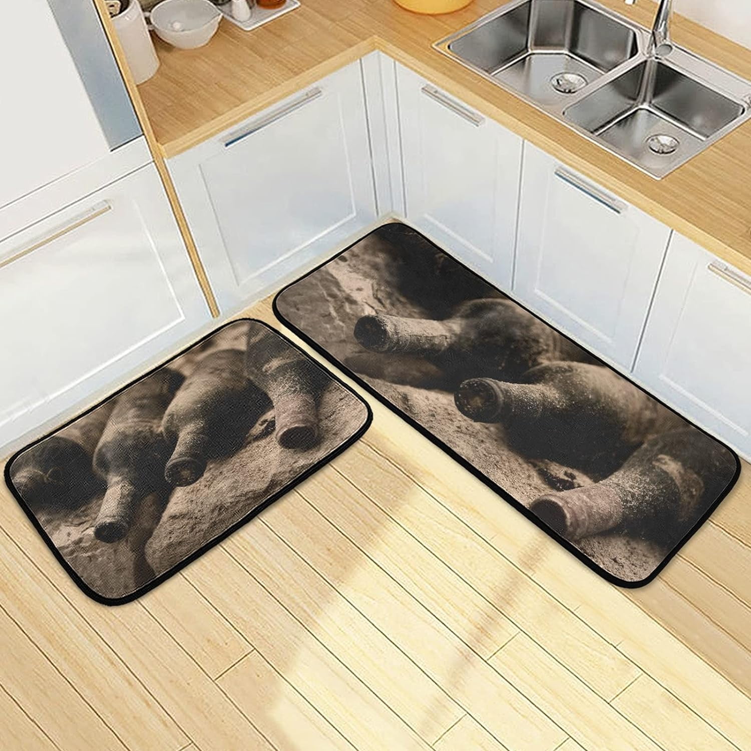 SKYSONIC Wine Bottle Kitchen Rugs Set of 2, Vintege Stone Steps Floor ...