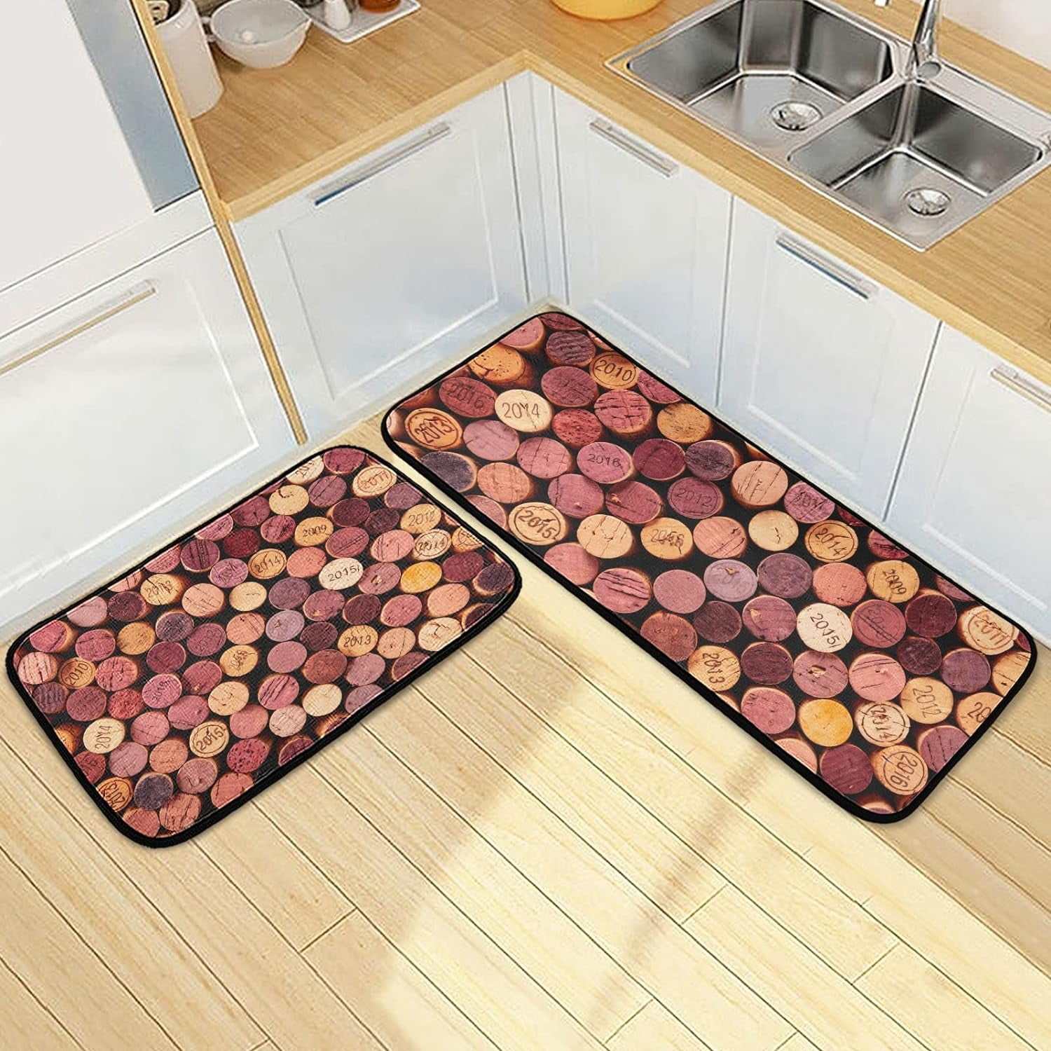 SKYSONIC Wine Bottle Stoppers Kitchen Rugs Set of 2, Red Pink Floor ...