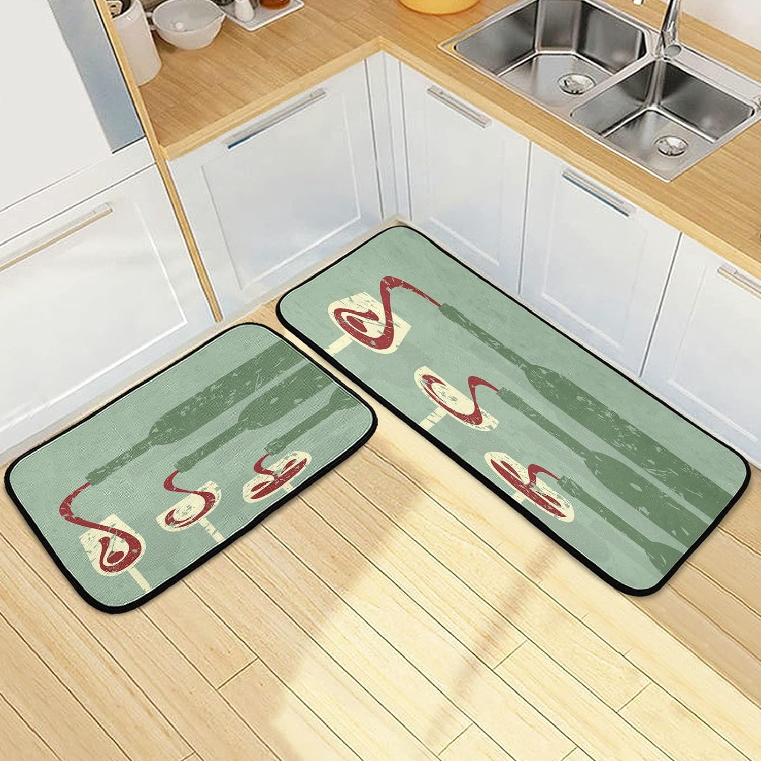 SKYSONIC Wine Bottles Glasses Retro Kitchen Rugs Set of 2, Green ...