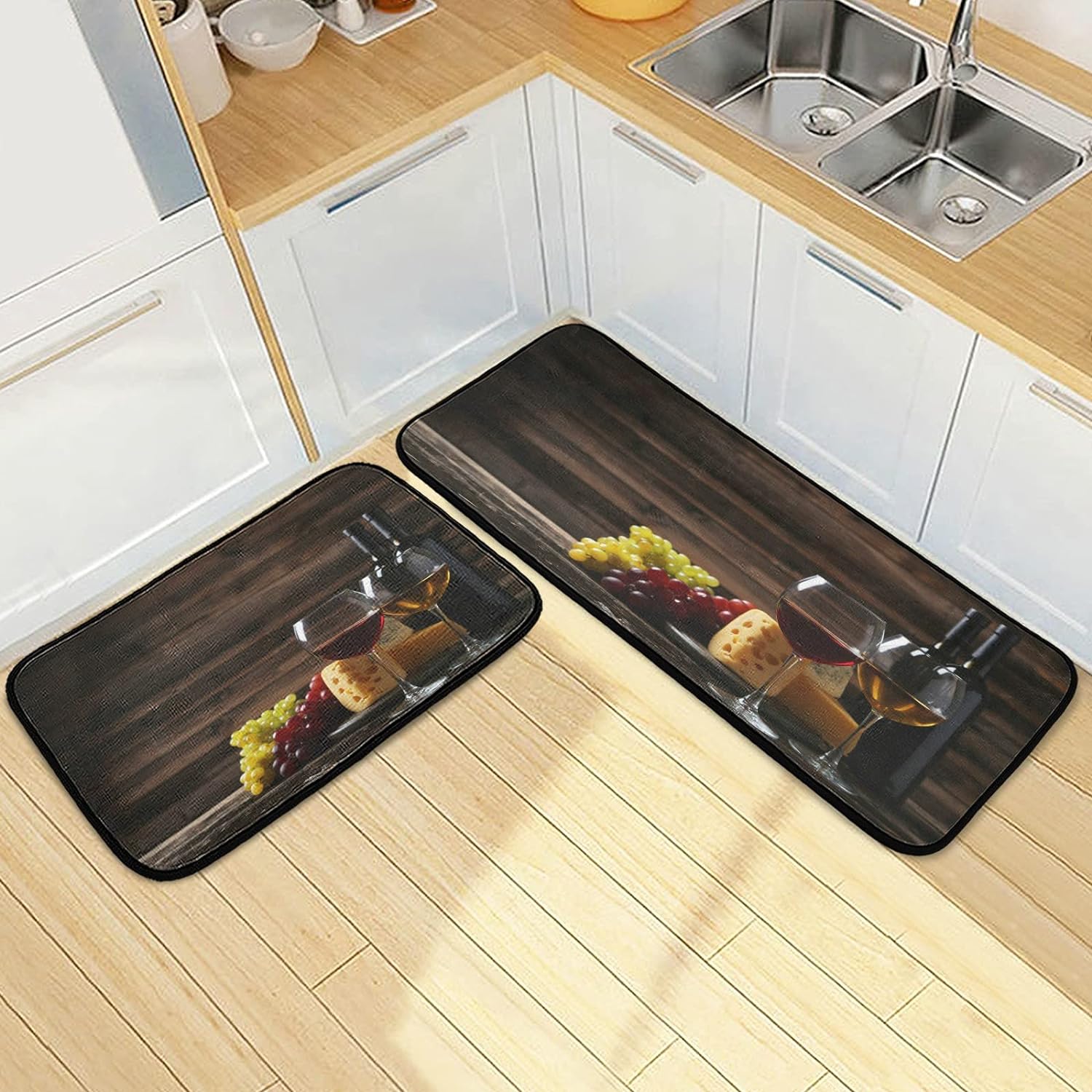 SKYSONIC Wine Cheeses Grape Kitchen Rugs Set of 2, Brown Wooden Floor ...