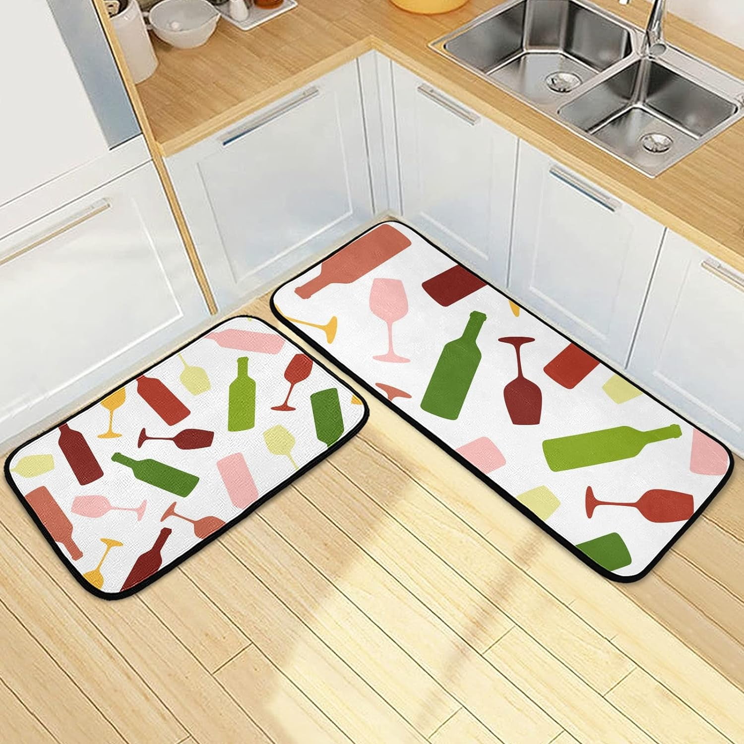 SKYSONIC Wine Glass Bottle Kitchen Rugs Set of 2, Colorful Floor Runner ...