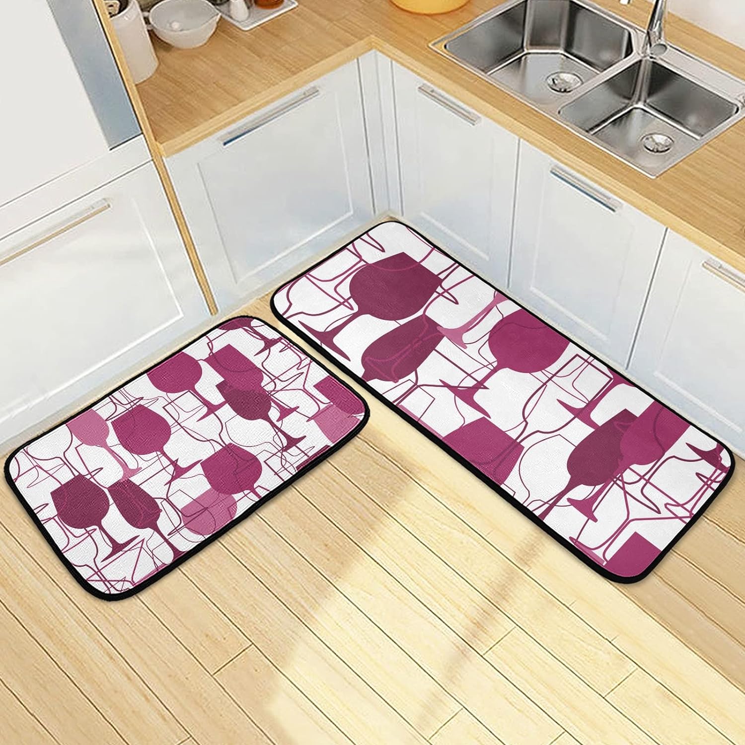 SKYSONIC Wine Glasses Kitchen Rugs Set of 2, Doodles Floor Runner Area ...