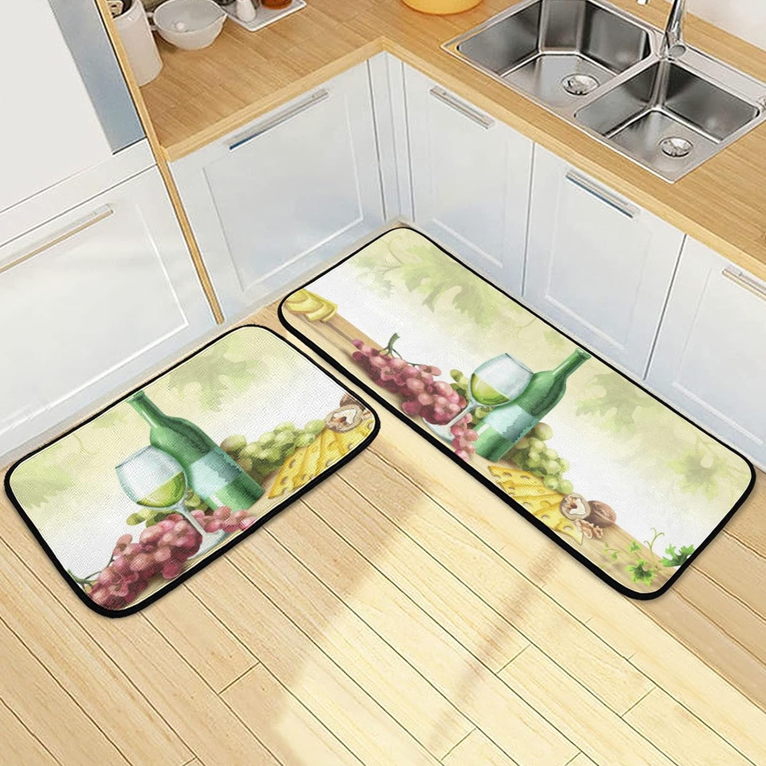 SKYSONIC Wine Grapes Cheese Kitchen Rugs Set of 2, Glass Bottle Floor ...