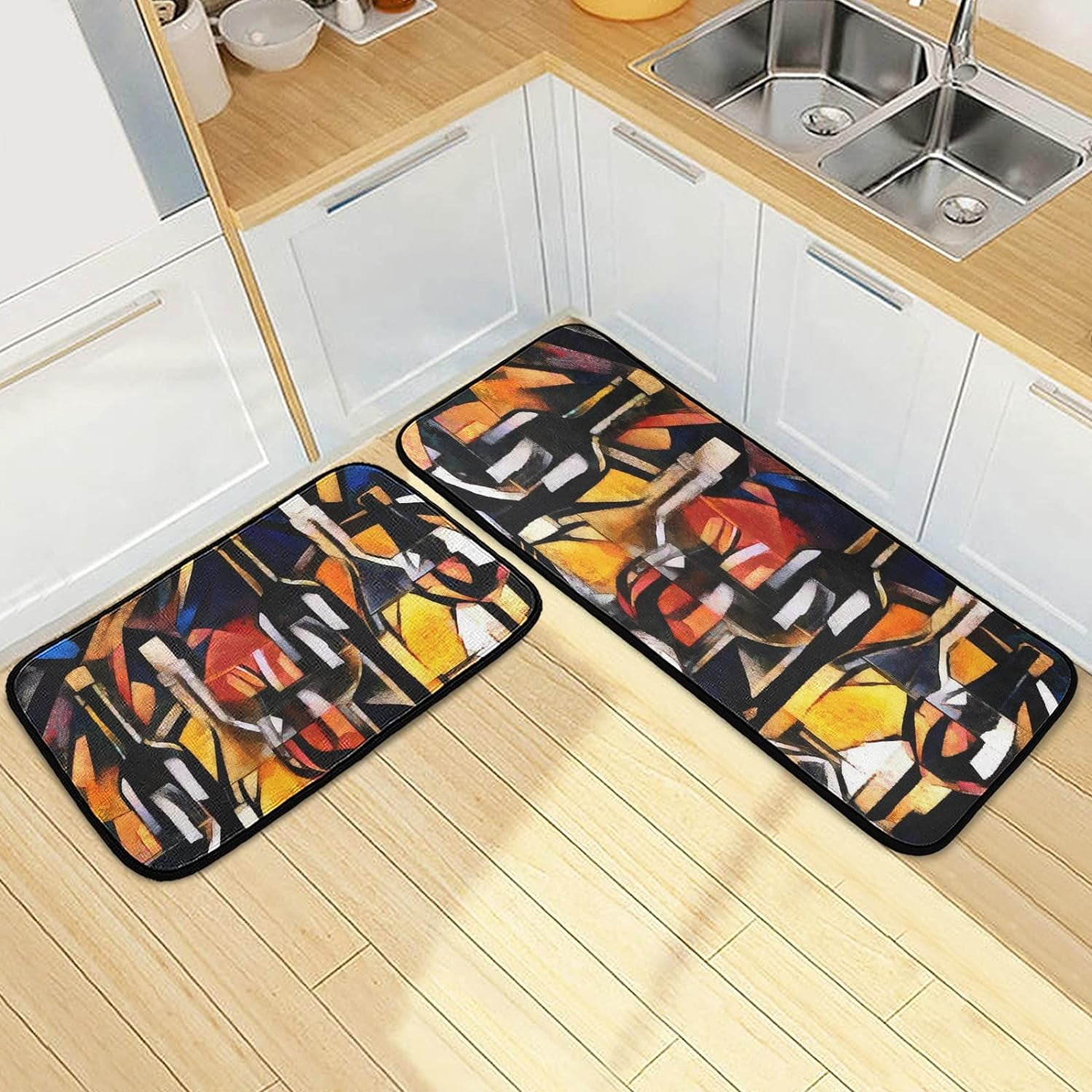 SKYSONIC Wine Themes Kitchen Rugs Set of 2, Cubism Style Floor Runner ...