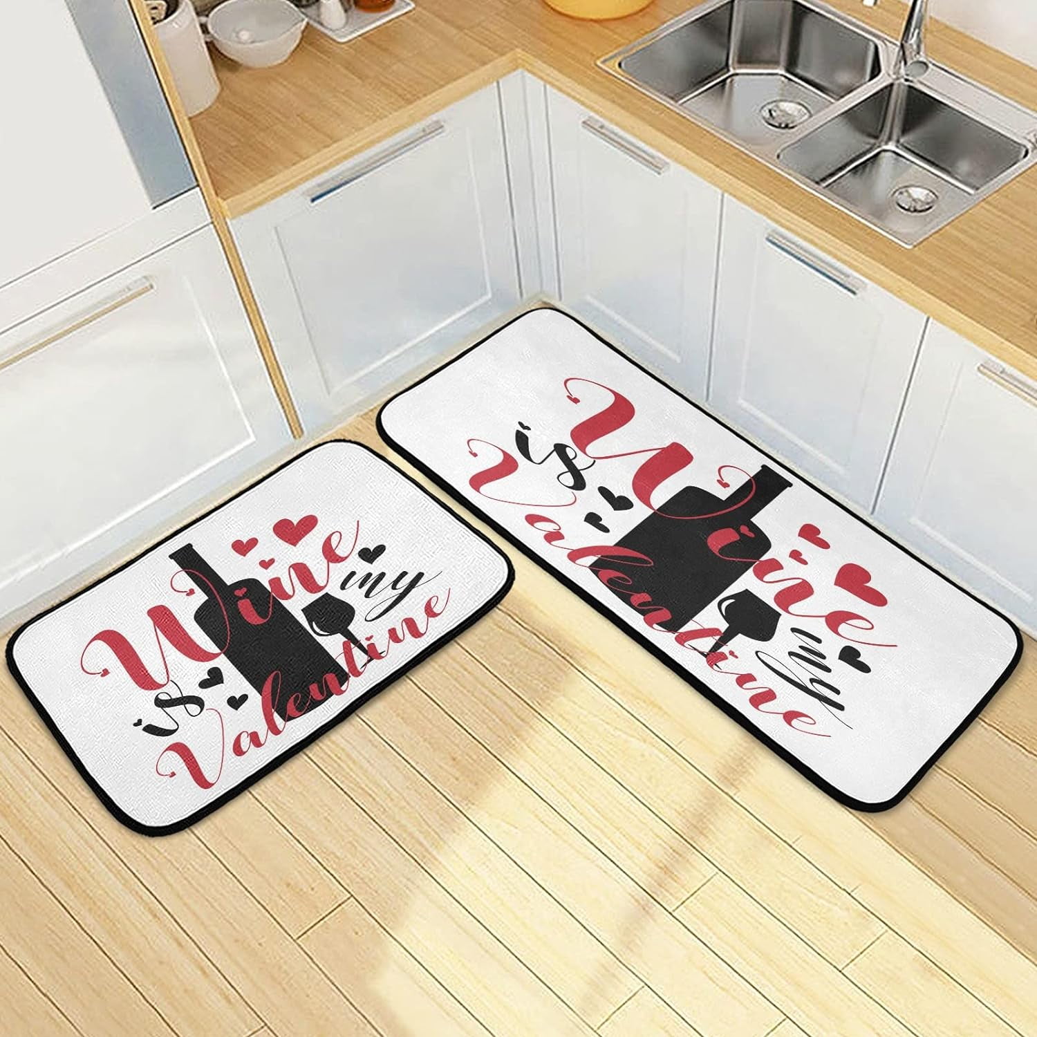SKYSONIC Wine Valentine Hearts Kitchen Rugs Set of 2, Heart Quote ...