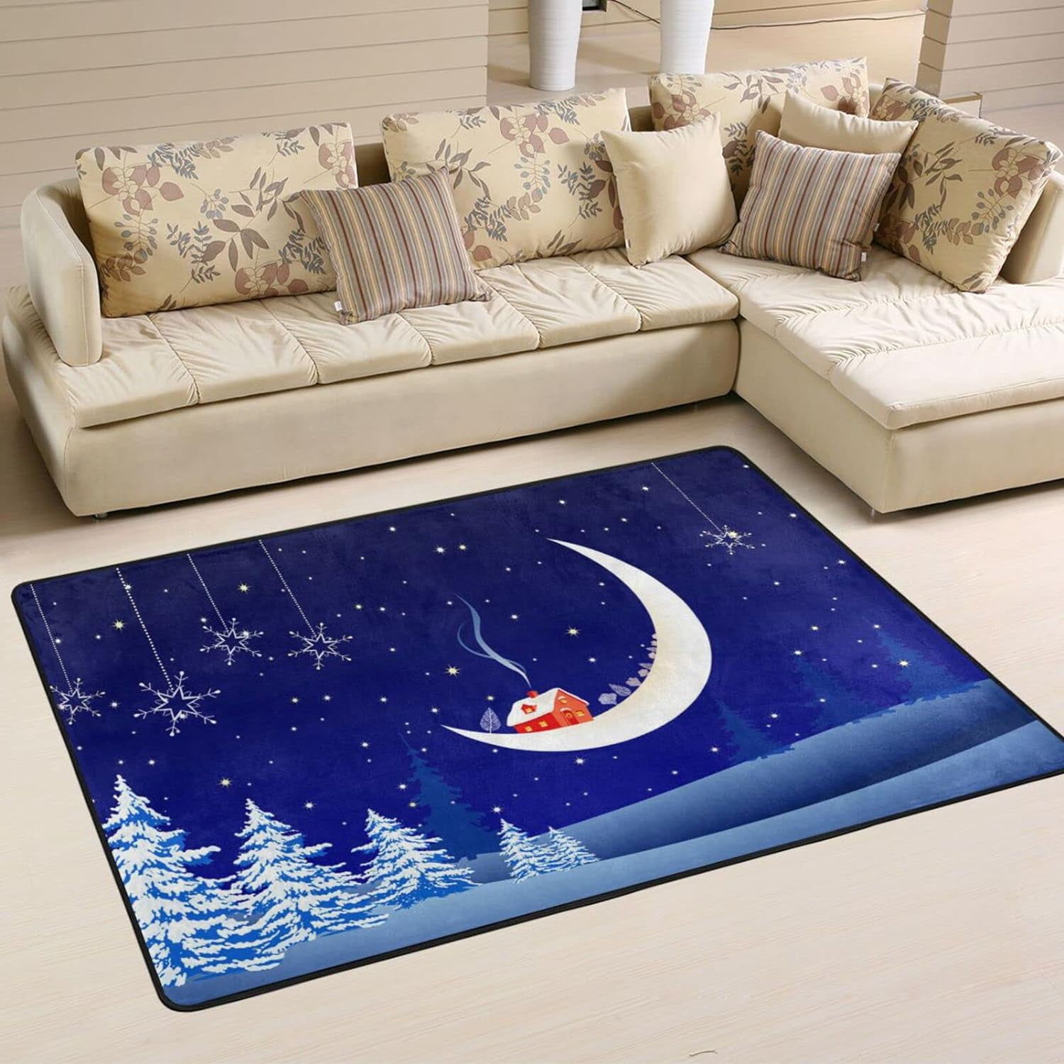 SKYSONIC Winter Crescent Moon Non-Slip Area Rug, Snow House Floor ...