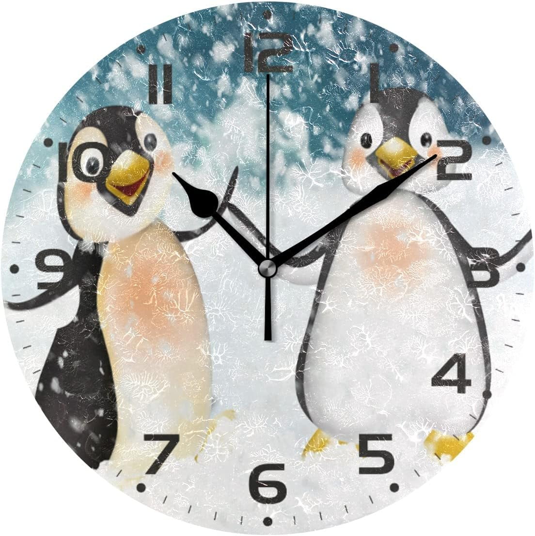 SKYSONIC Winter Penguin Wall Clock 10 Inch Silent Non Ticking Round ...