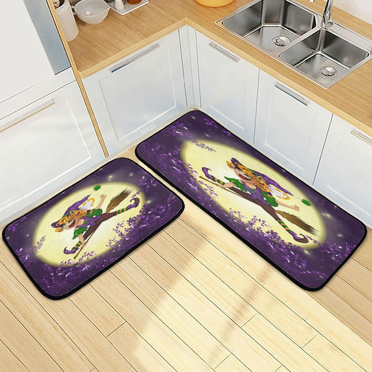 SKYSONIC Witch Flies on A Broom Kitchen Rugs 2 Pieces, Full Moon Floor ...