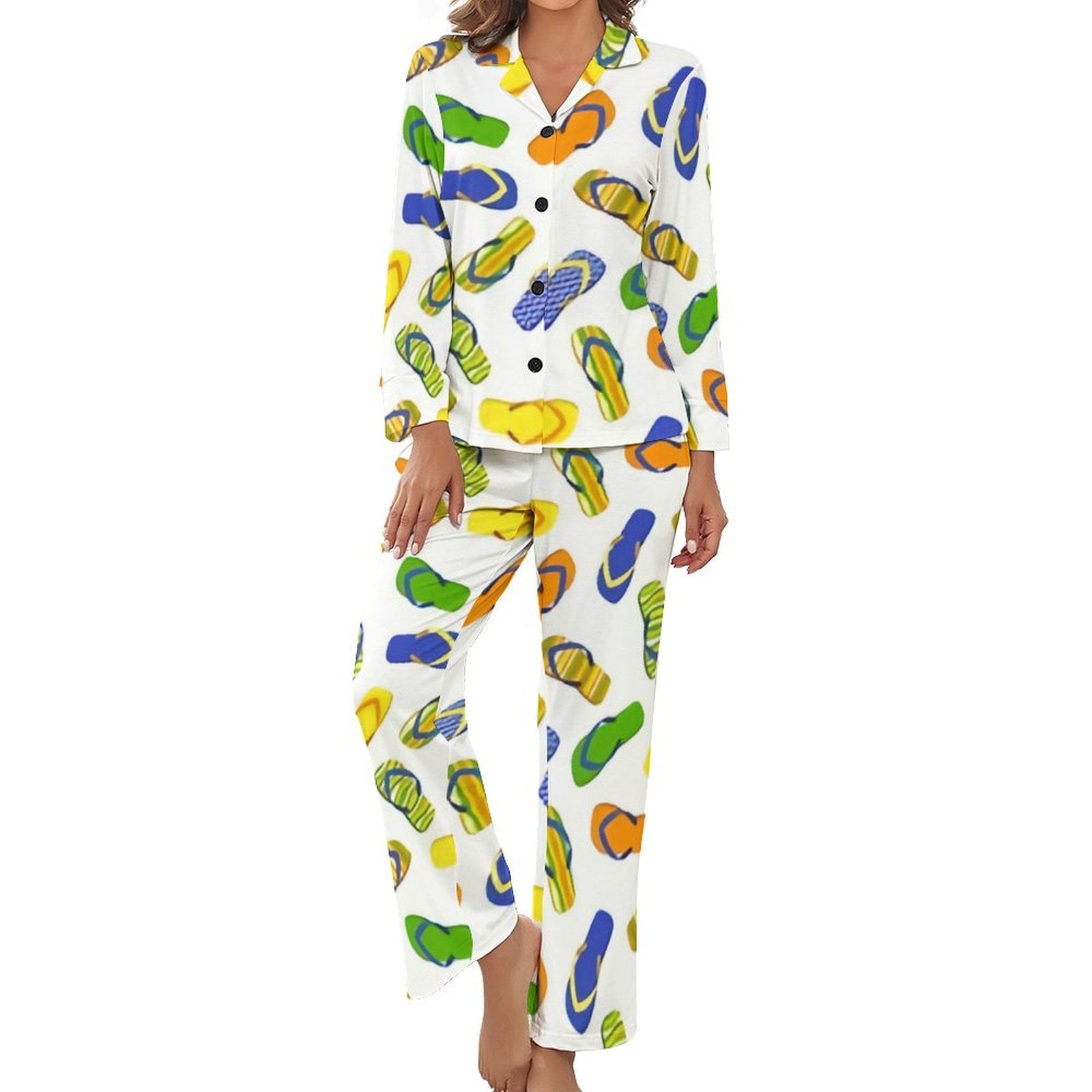 SKYSONIC Women's Pajama Set with Button-Down Top, Bright Beach Summer ...