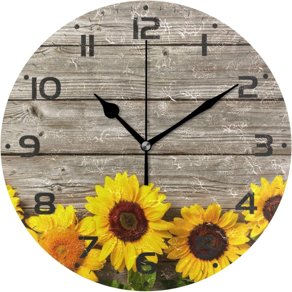 SKYSONIC Wood Plank Texture Sunflower Wall Clock 10 Inch Silent Non ...