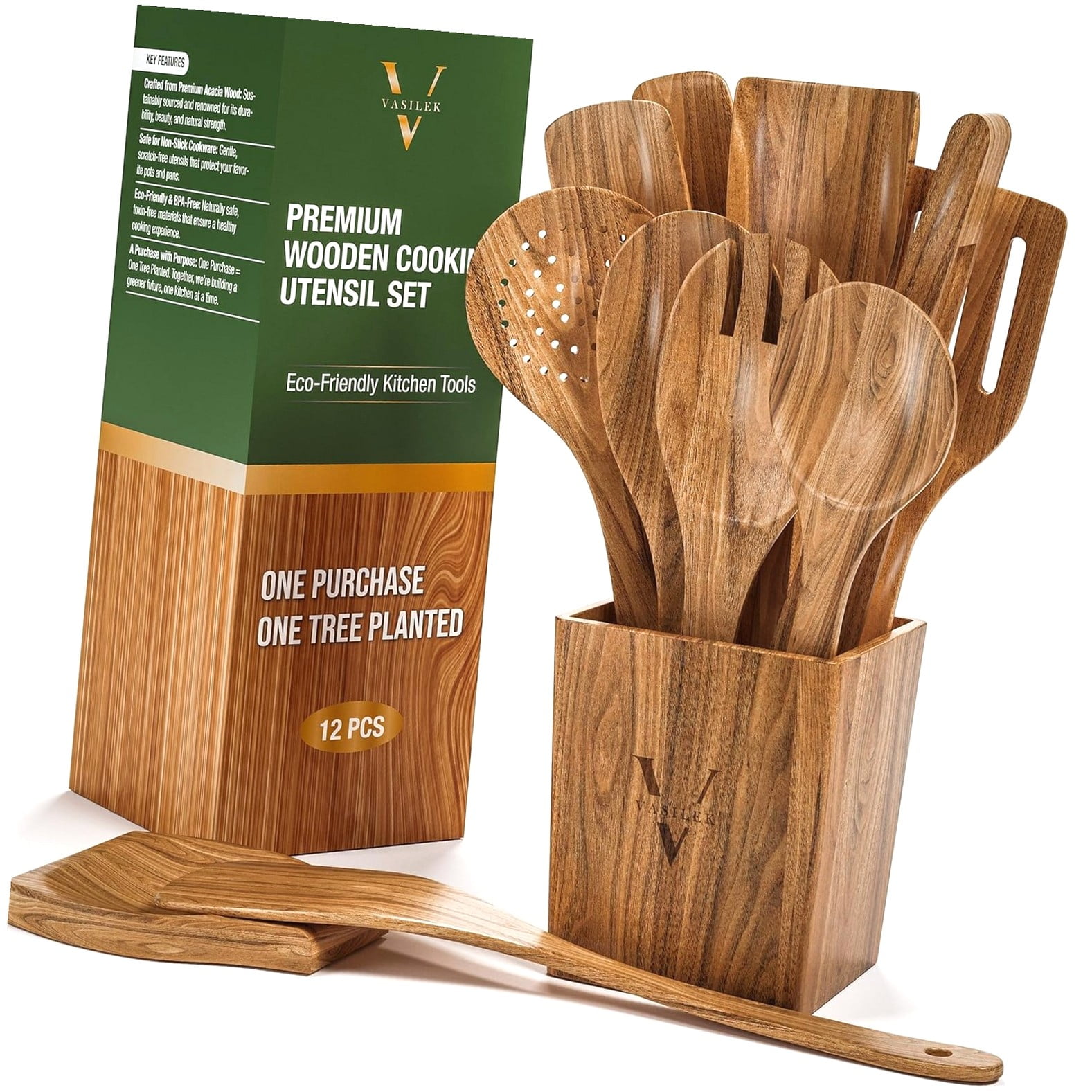 SKYSONIC Wooden Cooking Utensils Set – 12-Piece Wood Kitchen Utensil ...