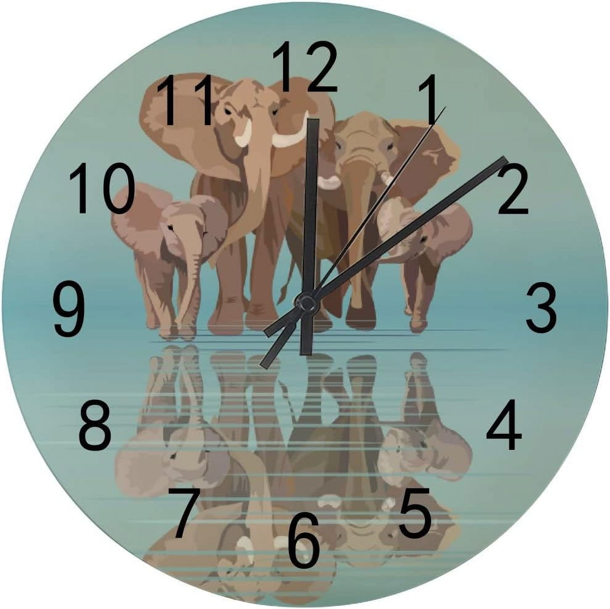 SKYSONIC Wooden Round Wall Clock Abstract Elephant Family at Watering ...