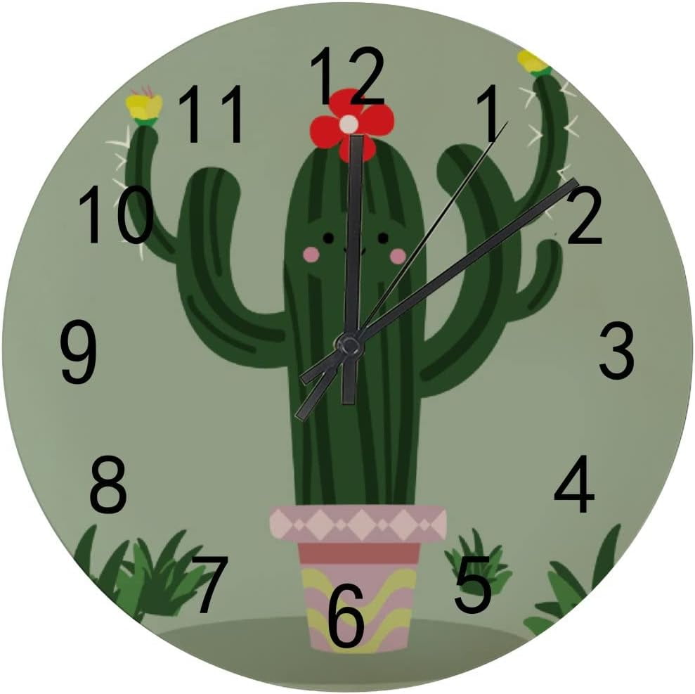 SKYSONIC Wooden Round Wall Clock Adorable Cartoon Cactus Non Ticking ...