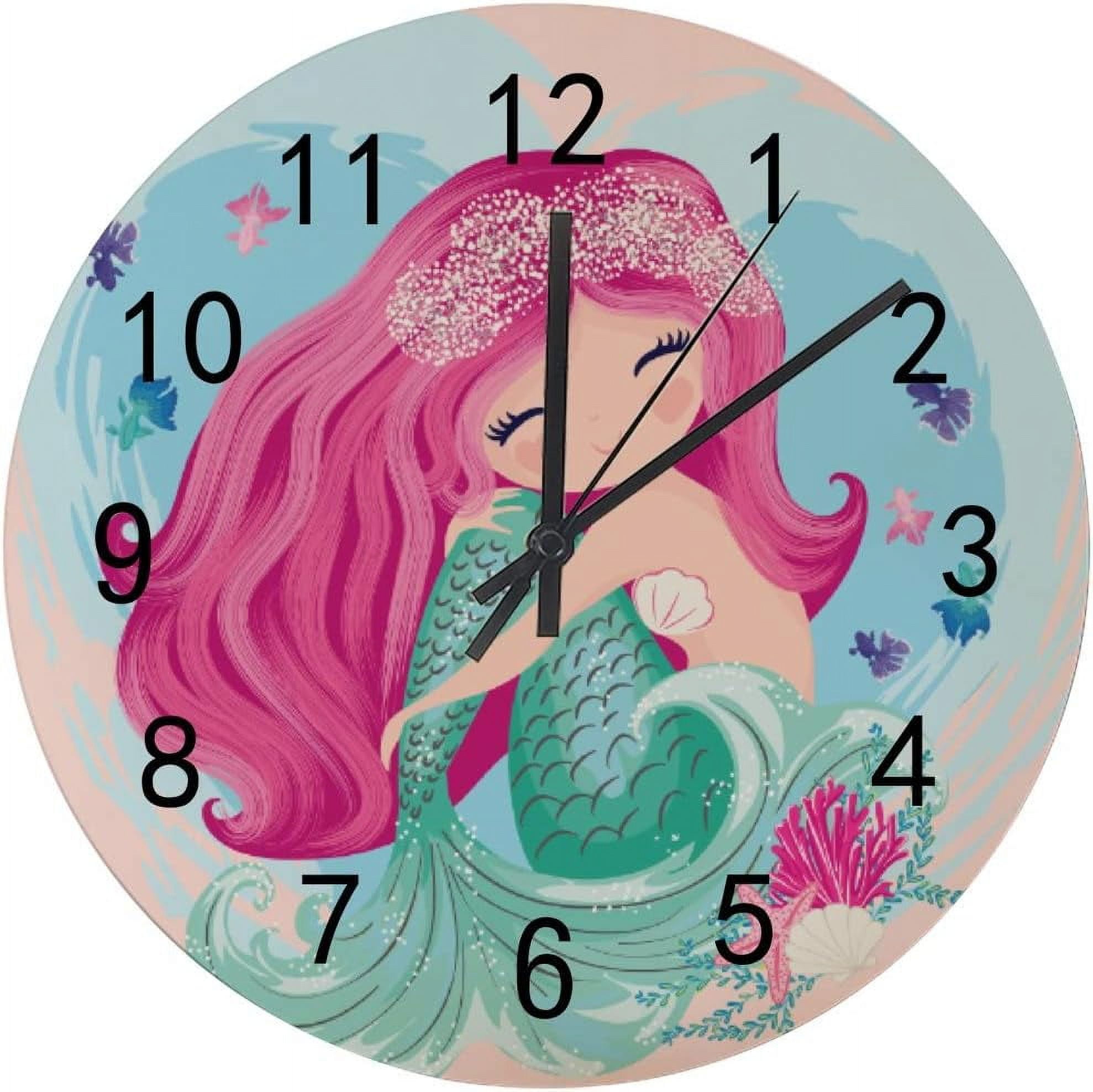 SKYSONIC Wooden Round Wall Clock Adorable Cute Mermaid Non Ticking ...